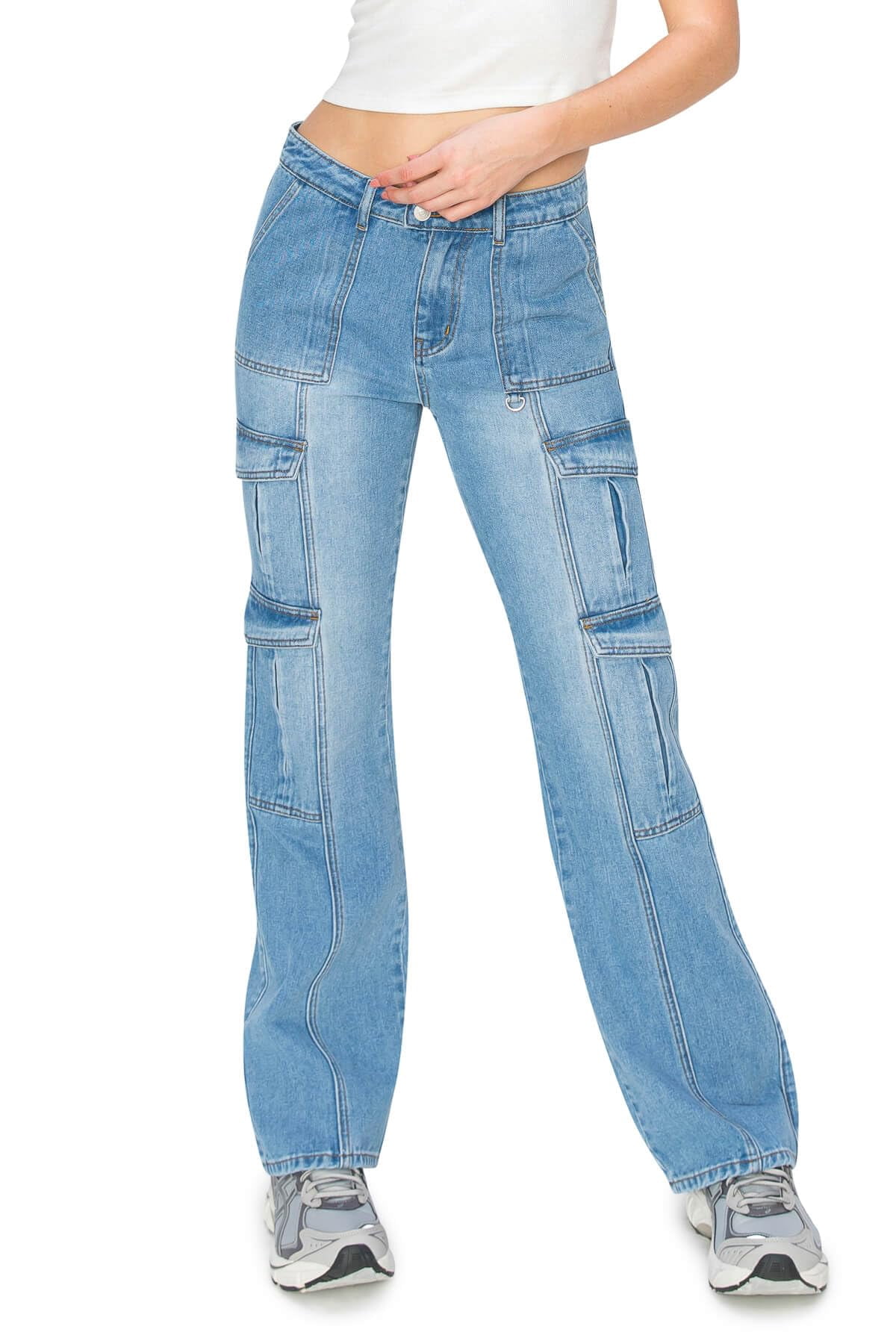 KHAKI & BLUE Women's Low Rise Flared Leg Cargo Jeans Wih Side Cargo ...