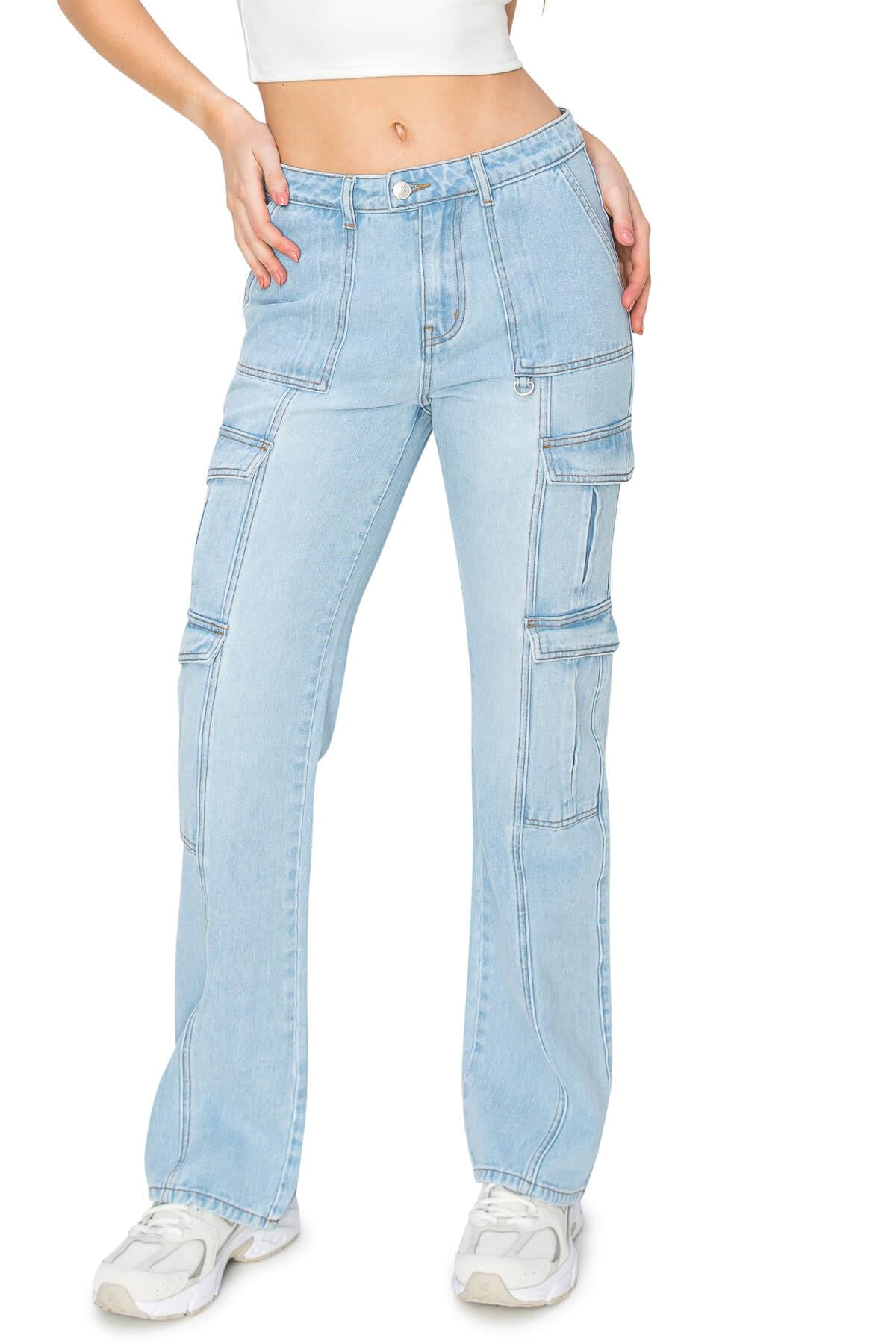 KHAKI & BLUE Women's Low Rise Flared Leg Cargo Jeans Wih Side Cargo ...
