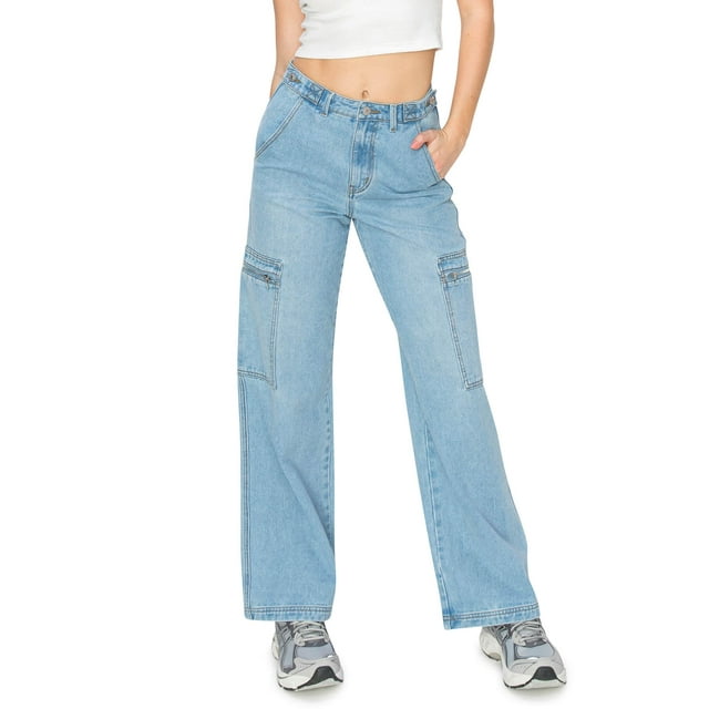 KHAKI & BLUE Women's Low Rise Wide Leg Cargo Jeans With Side Flap ...