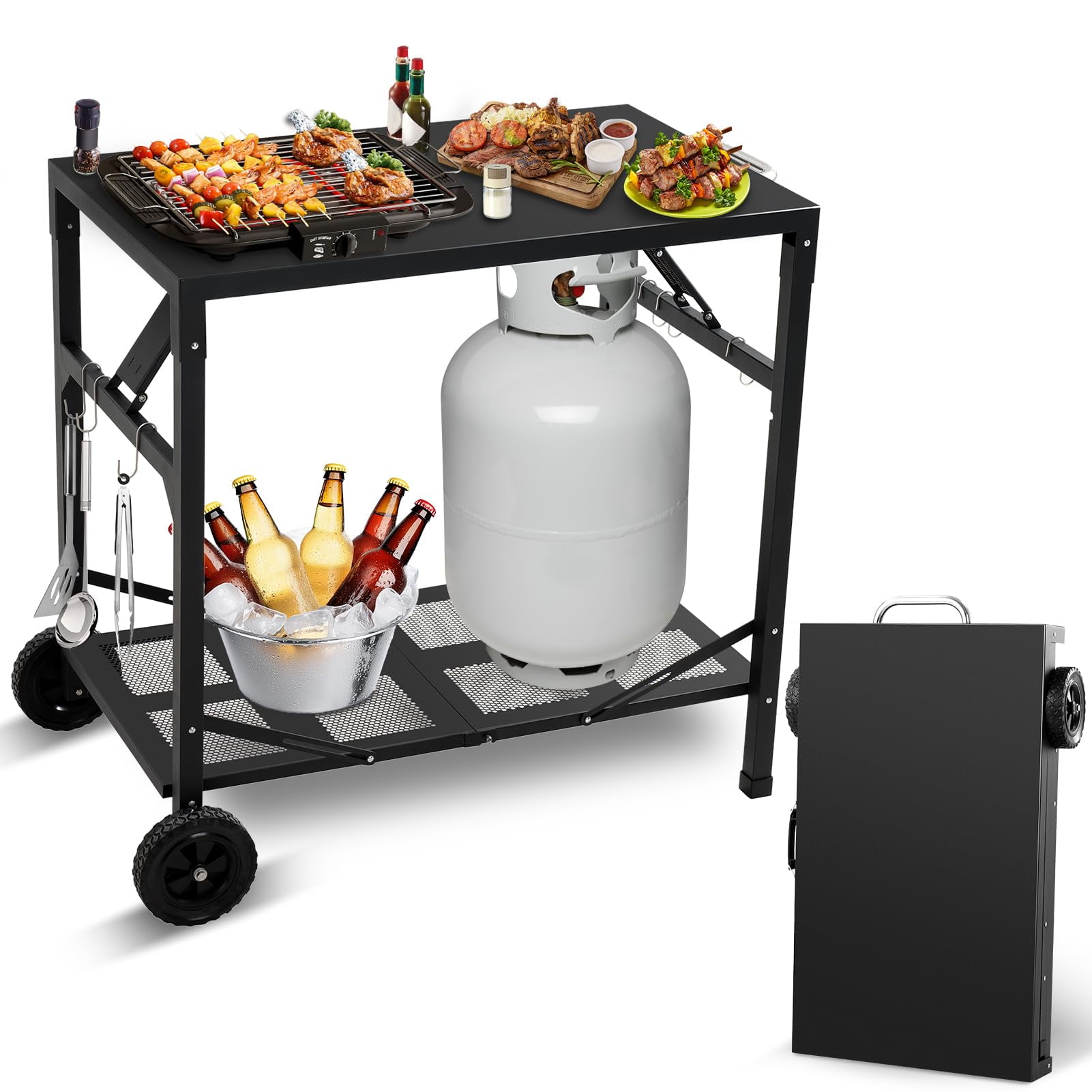 KHAMAL Grill Cart Outdoor with Wheels - Foldable Pizza Oven Stand Table ...