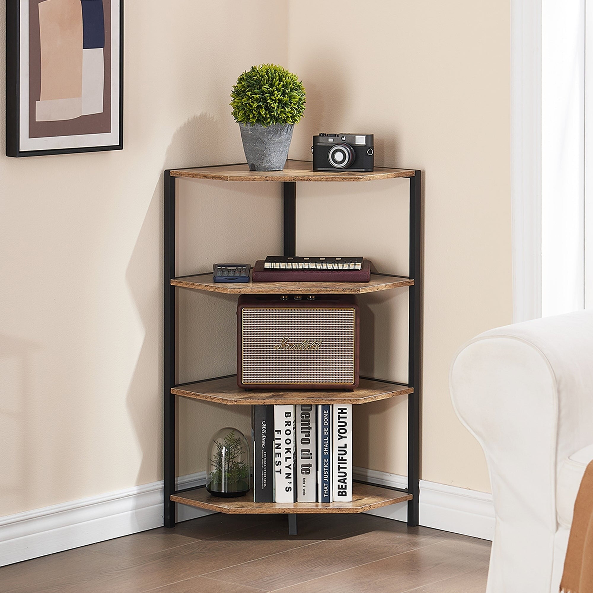 KHD Javlergo Free-Standing 4-Tier Corner Shelf, Wood Storage Shelf Grey ...