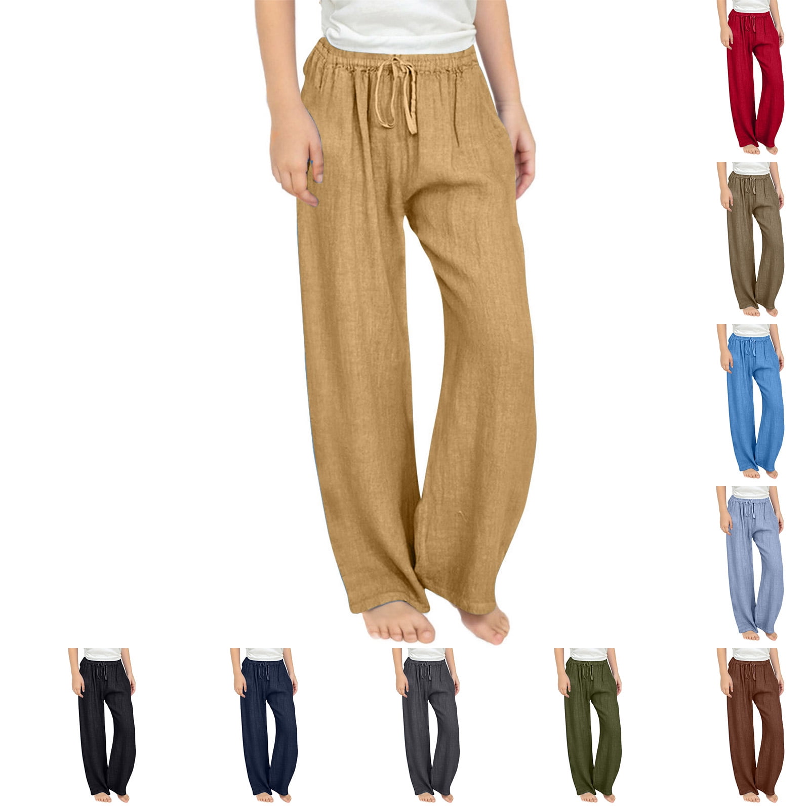 KHJSJOK Girls Full Length Pants Linen Solid Wide Leg with Pocket Daily ...