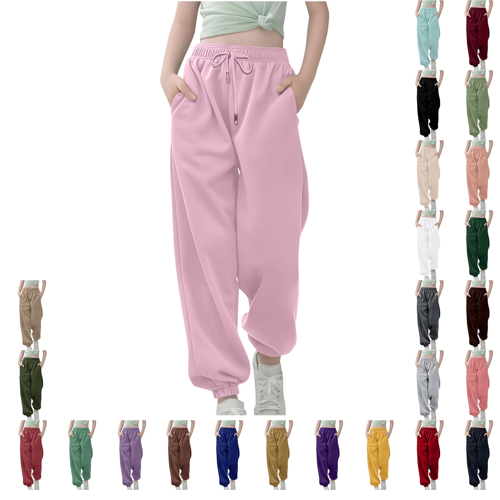 KHJSJOK Kids Full Length Pants Solid Sports Loose Daily Casual Outer ...