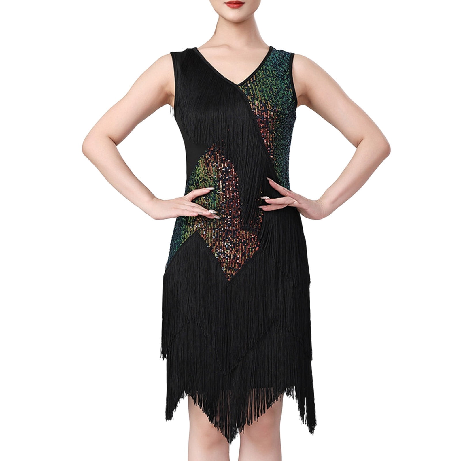 KHONTS Women's Salsa Latin Dance Dress Sequin Tassel Fringe Flapper ...