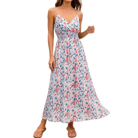 KHONTS Women's Summer Floral Maxi Dresses Long Flowy Boho Dress Beach ...