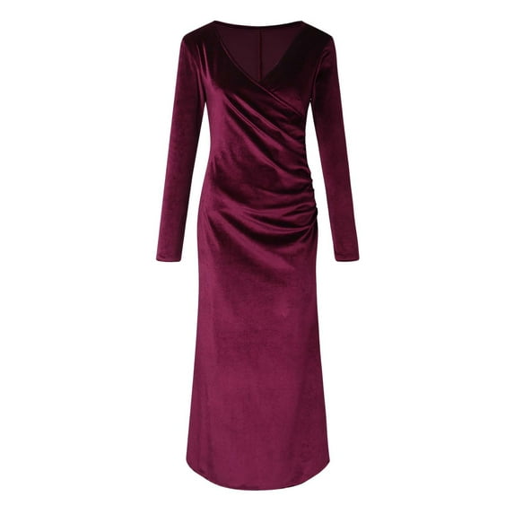 KHONTS Women's V Neck Wrap Velvet Long Sleeve Elegant Bodycon Ruched ...