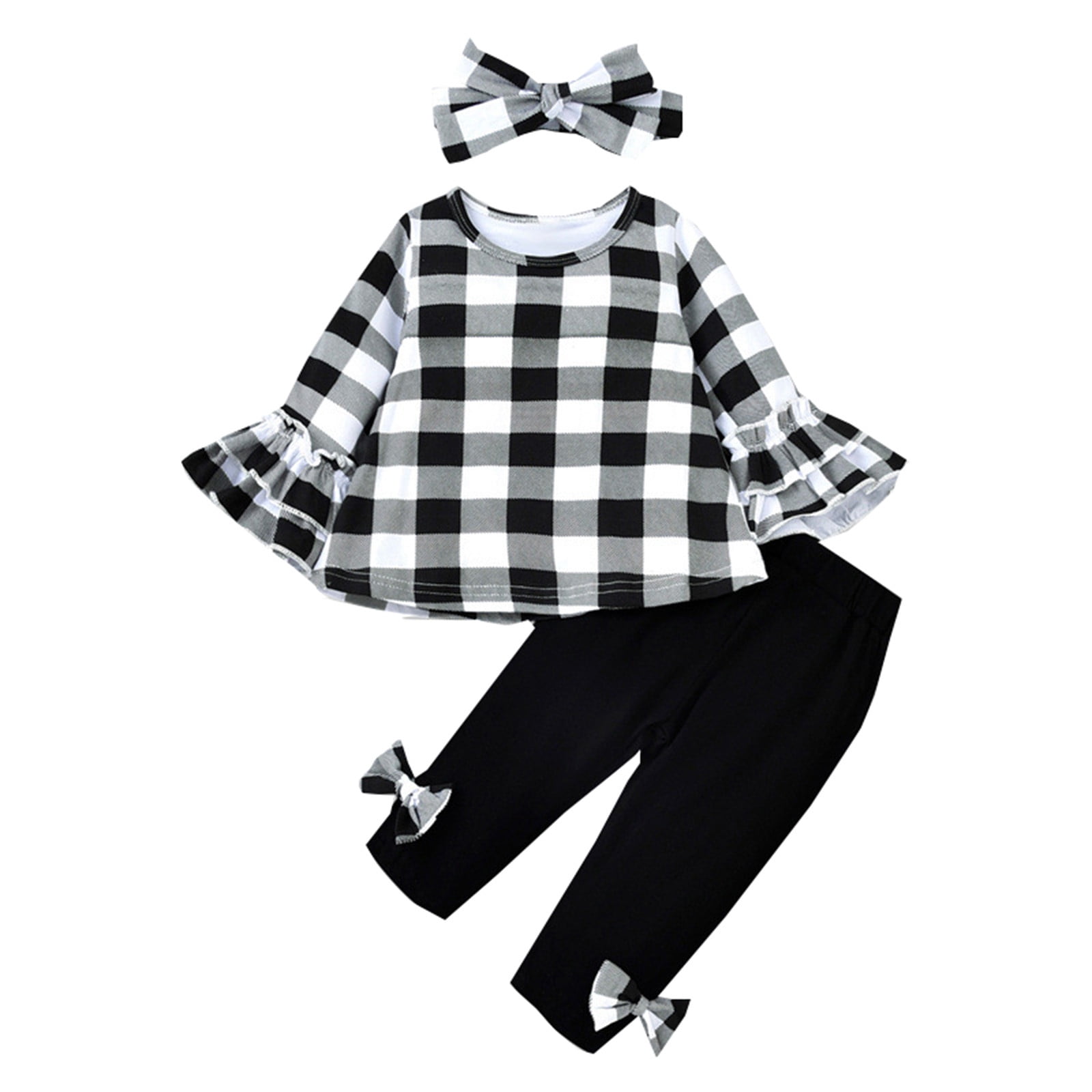 KI-8jcuD Baby Girl Dress Romper Girls Long Sleeve Plaid Tops Bowknot Pants Headbands Outfits ...