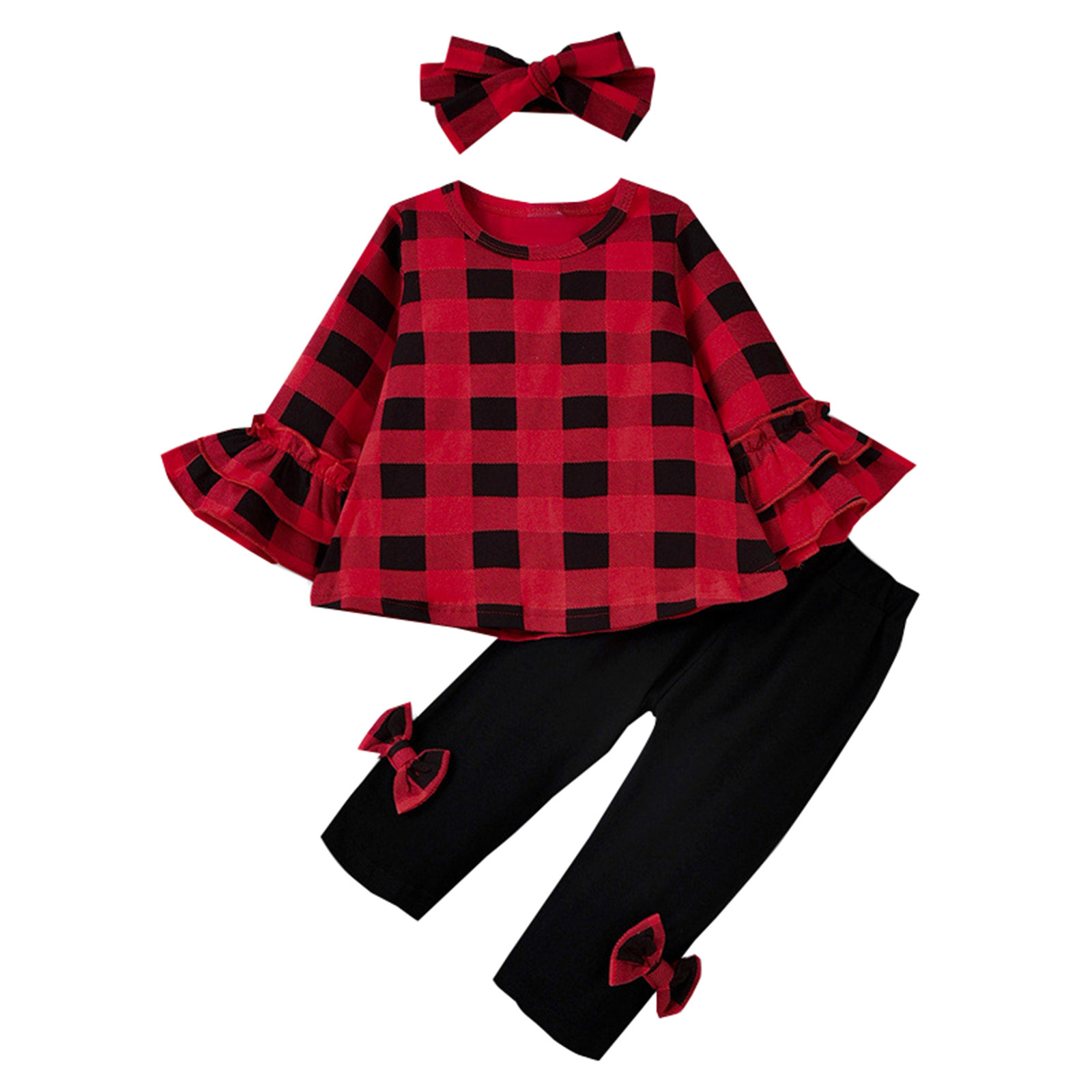 KI-8jcuD Baby Girl Easter Outfits Girls Long Sleeve Plaid Tops Bowknot Pants Headbands Outfits ...