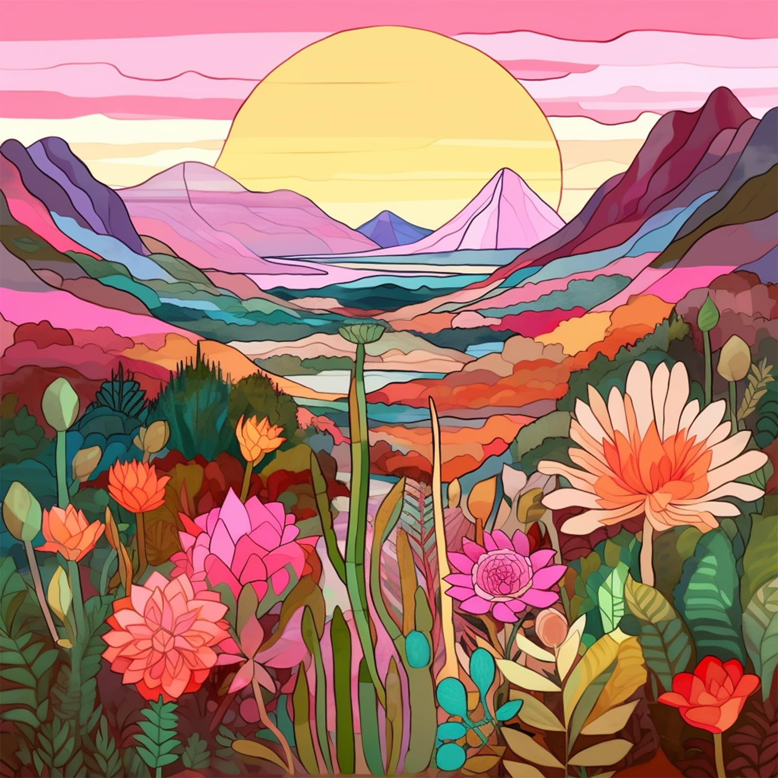 KICHANG Pink Hill Flower Diamond Art Kits for Adults,Diamond Painting ...