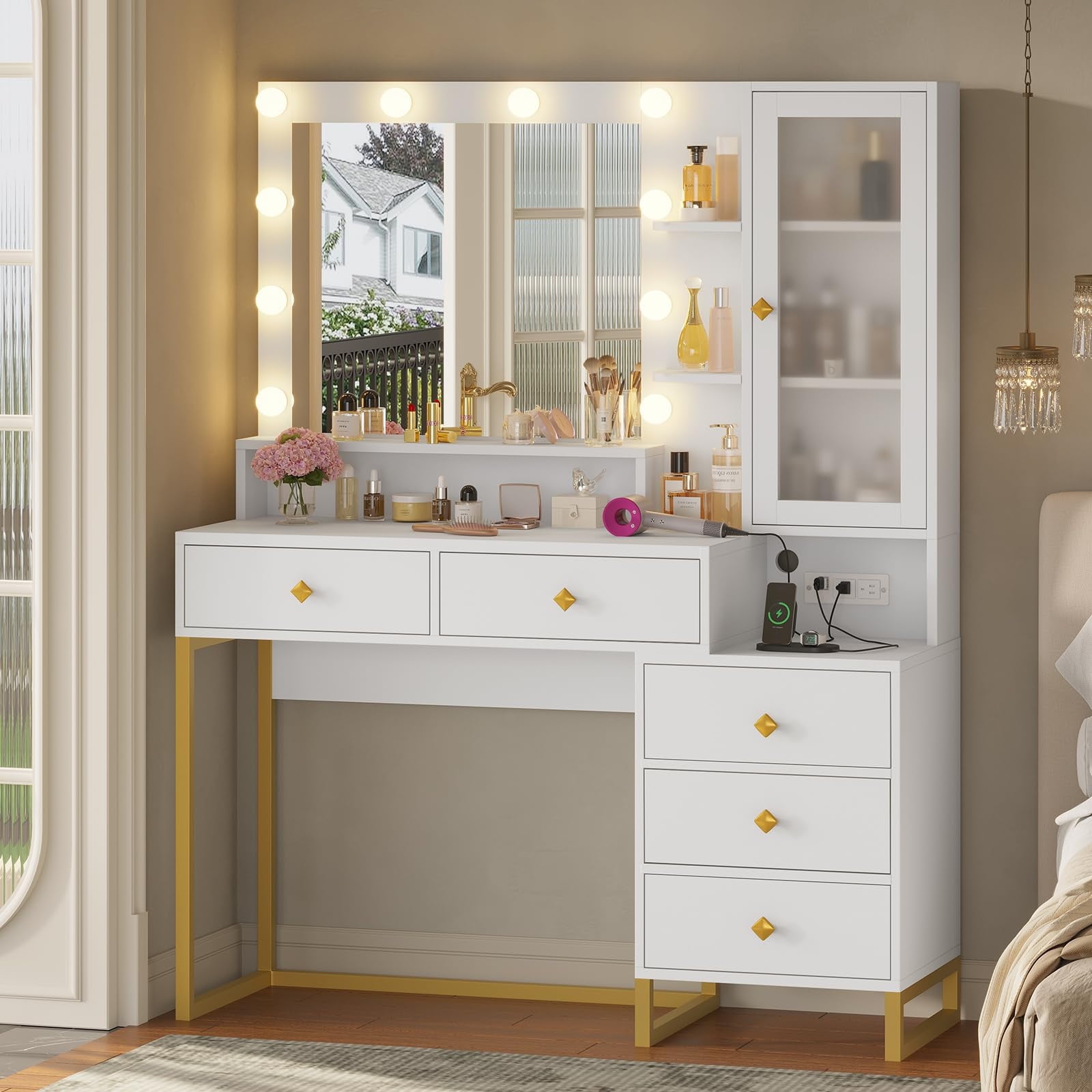 KICODE Makeup Vanity Desk with Lights Mirror and 10 LED Light Bulbs ...