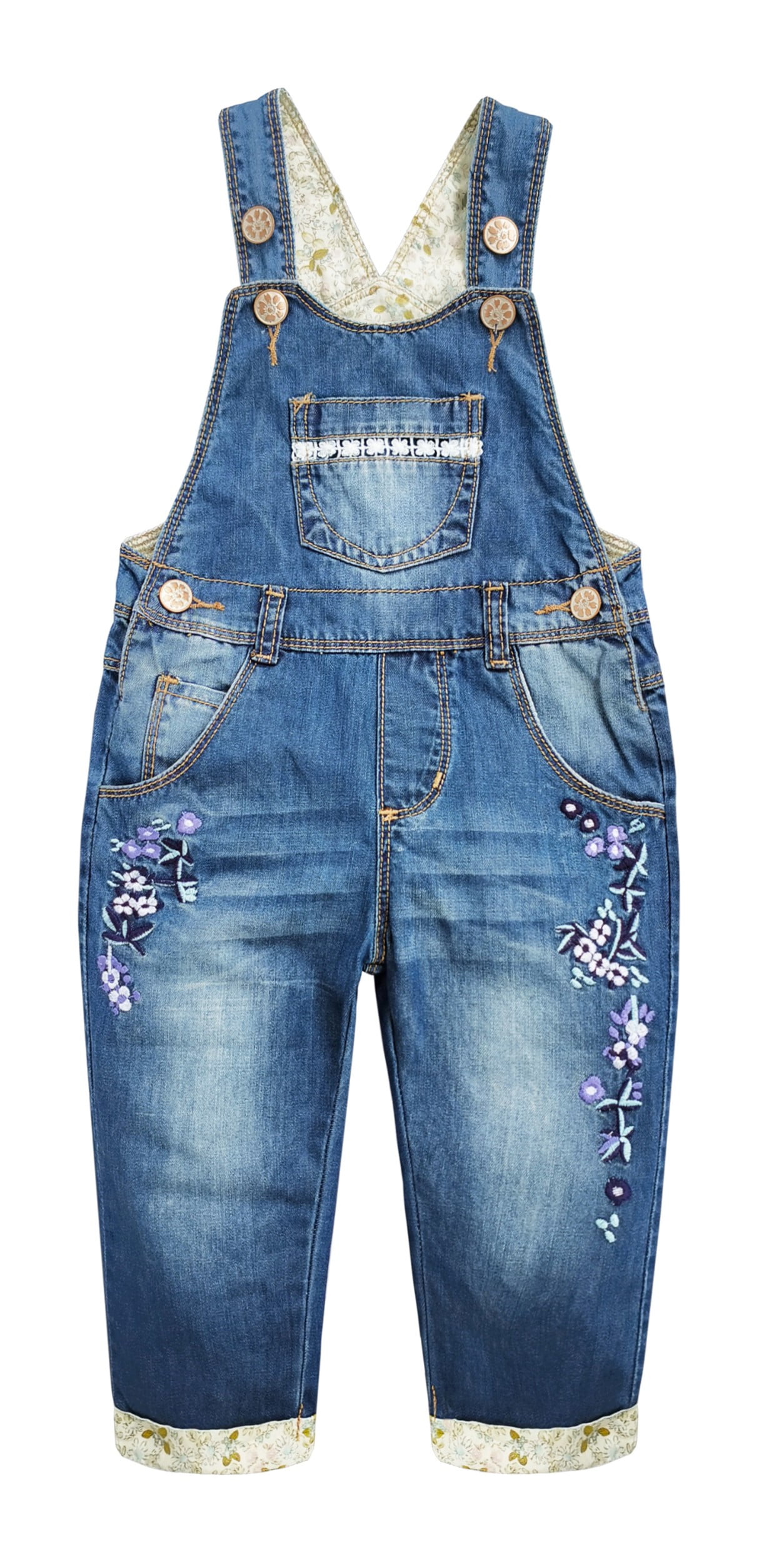 KIDSCOOL SPACE Baby&Little Girls Flower Embroidered Washed Cotton Denim ...