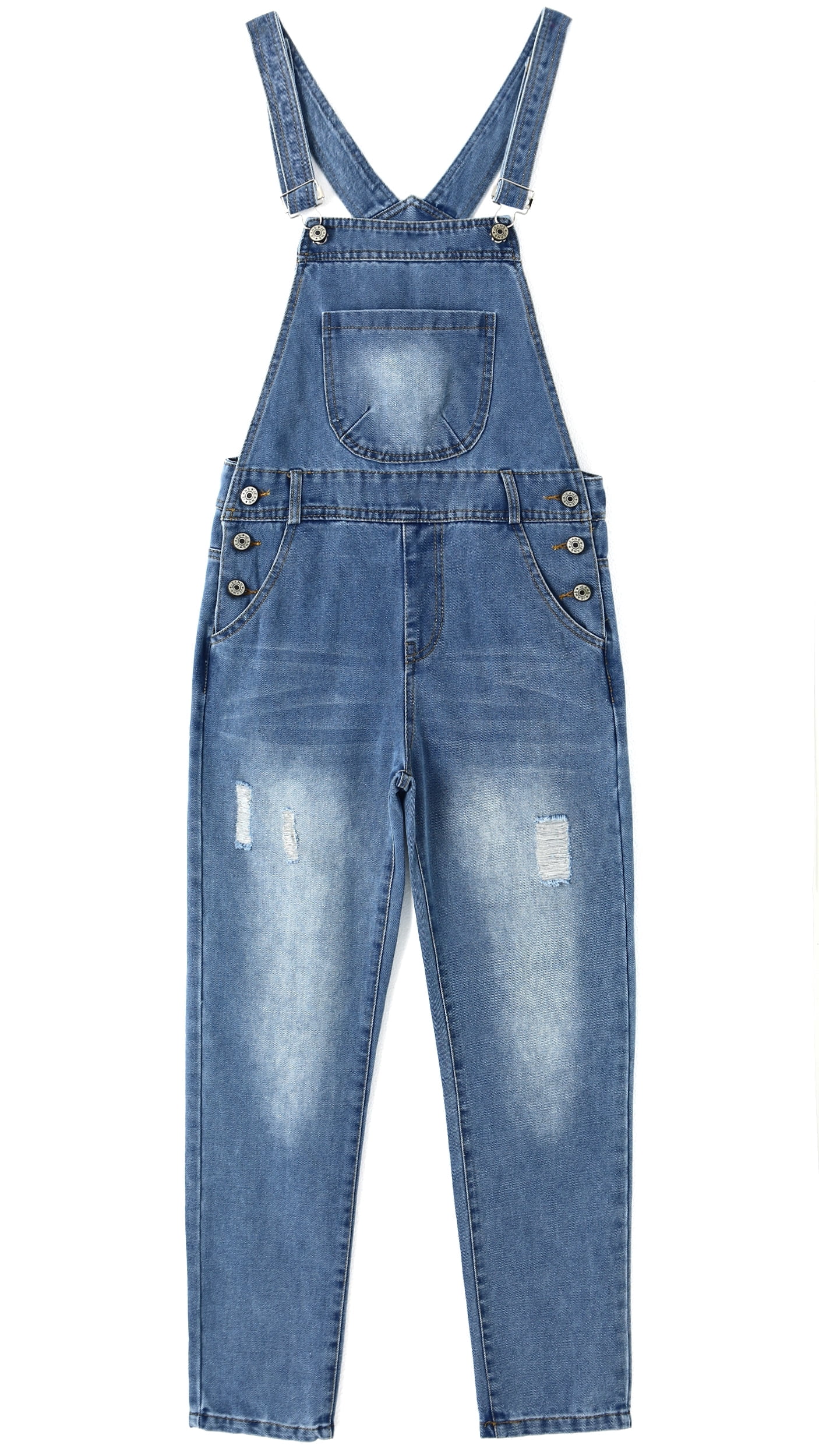 KIDSCOOL SPACE Big Girls Jeans Overalls,3 Buttons Ripped Elastic Band ...