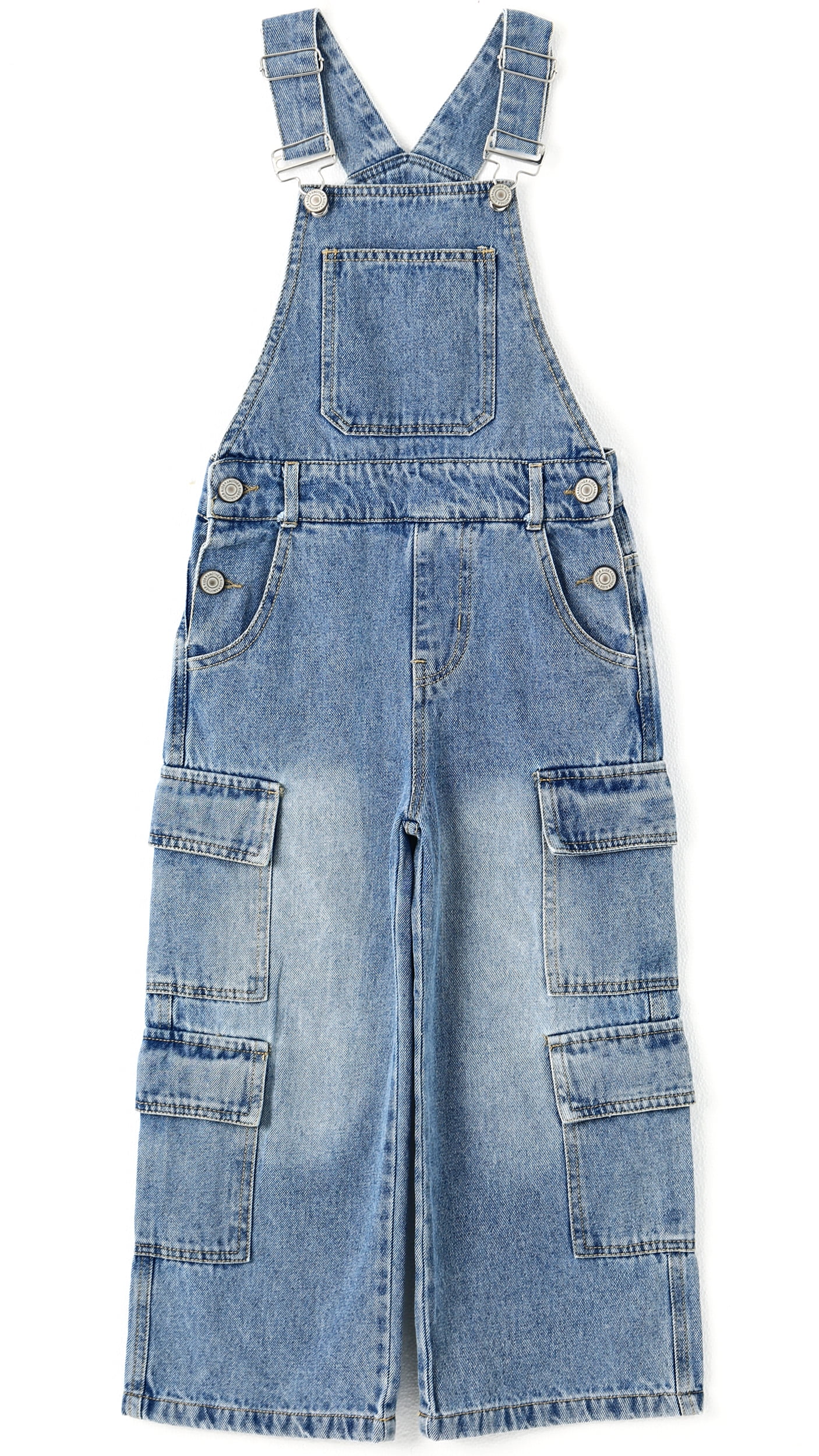 KIDSCOOL SPACE Girls’ Denim Cargo Overalls, Wide Leg Jean Dungarees ...