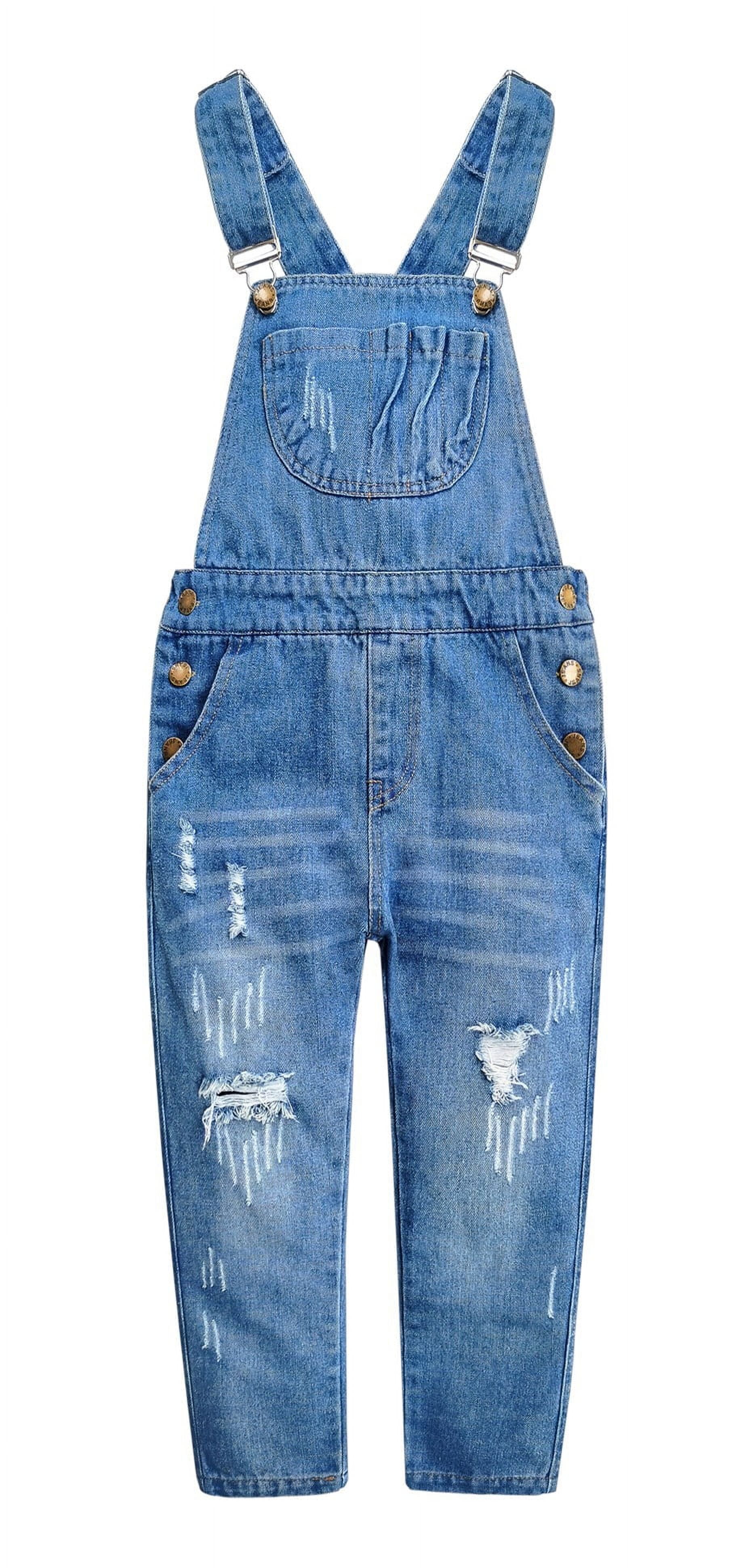 KIDSCOOL SPACE Girls Big Bibs Pockets Ripped Holes Washed Cotton Jeans ...