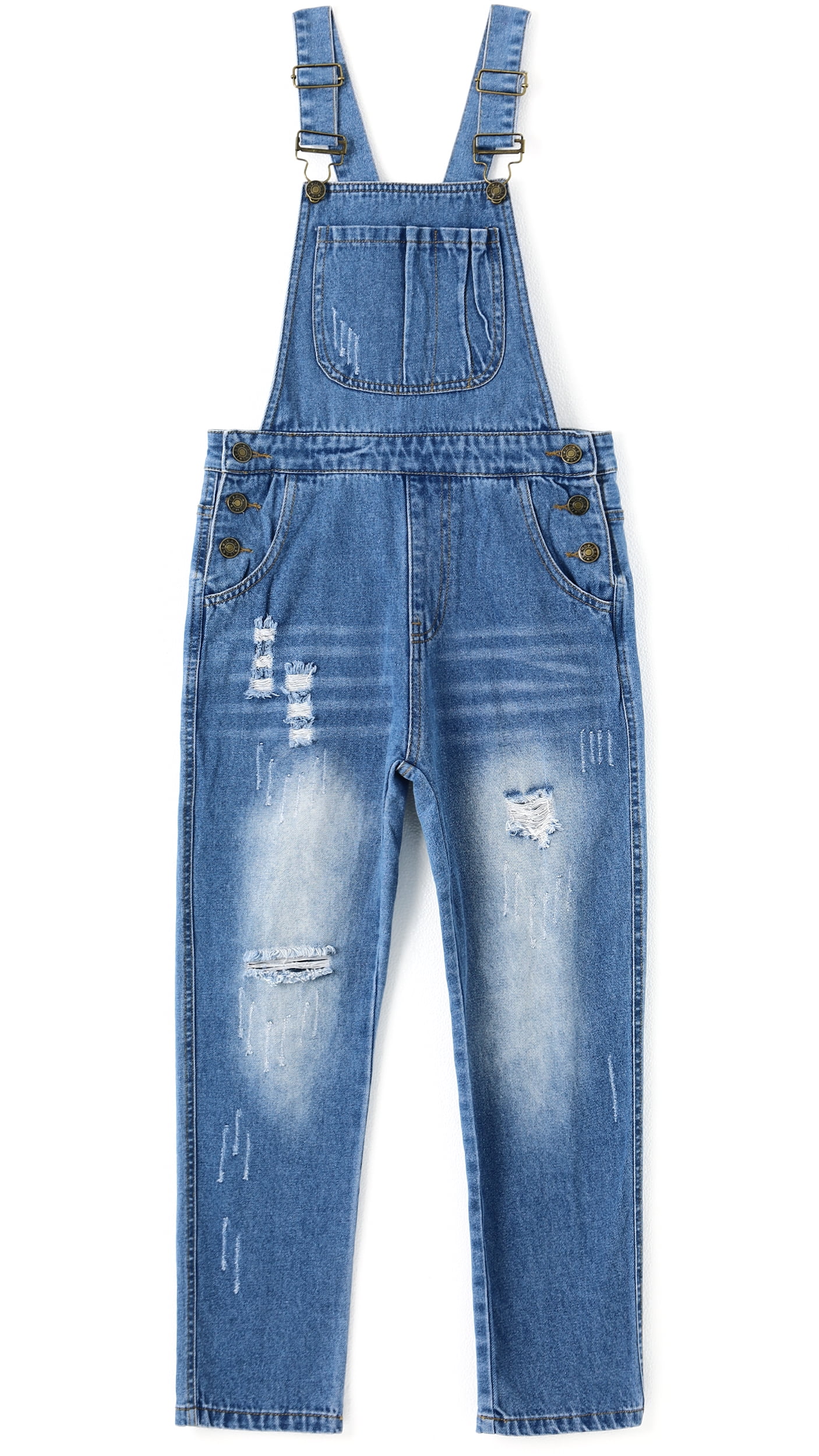 KIDSCOOL SPACE Girls Cotton Denim Overalls, Ripped Washed Light Blue ...
