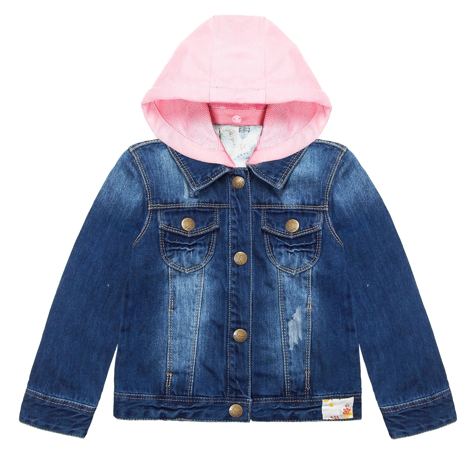 KIDSCOOL SPACE Little Girl Pink Detachable Hood Flower Embroidered Jean ...