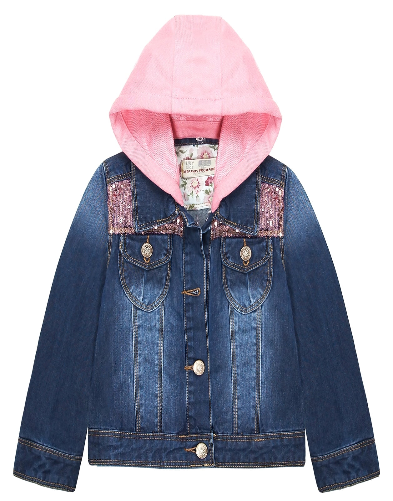KIDSCOOL SPACE Little Girl Pink Detachable Hood Flower Embroidered Jean ...