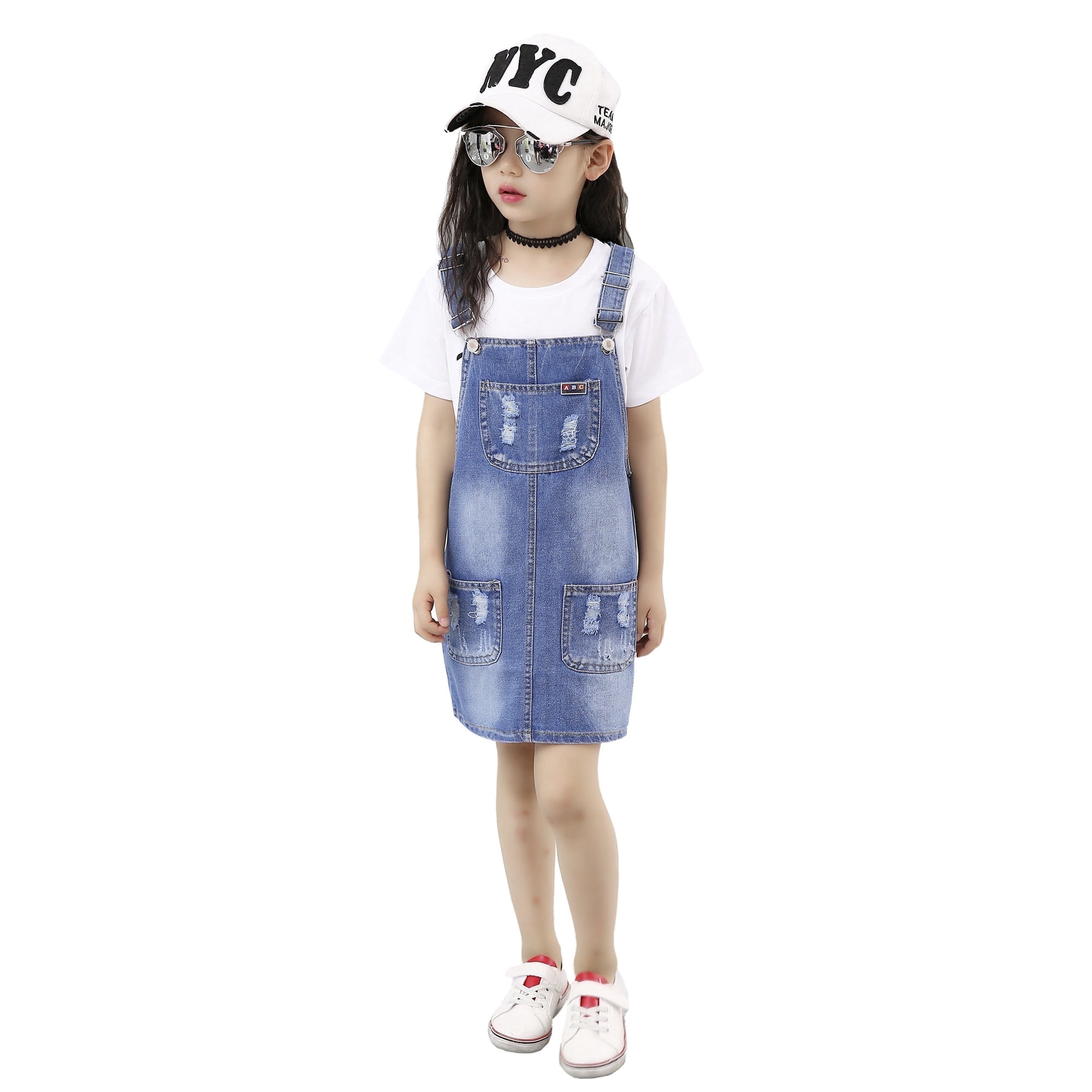 KIDSCOOL SPACE Little Girls Ripped Adjustable Denim Jean Overall Dress ...