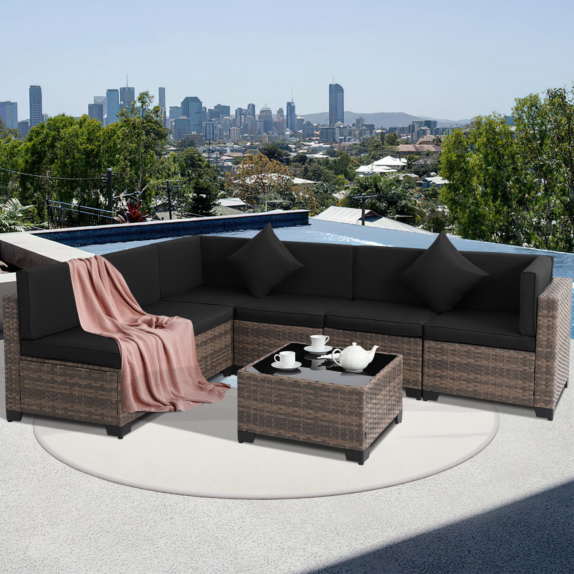 KIGOTY 7pcs Outdoor Patio Furniture Sets, Brown Rattan Sofa Set with ...