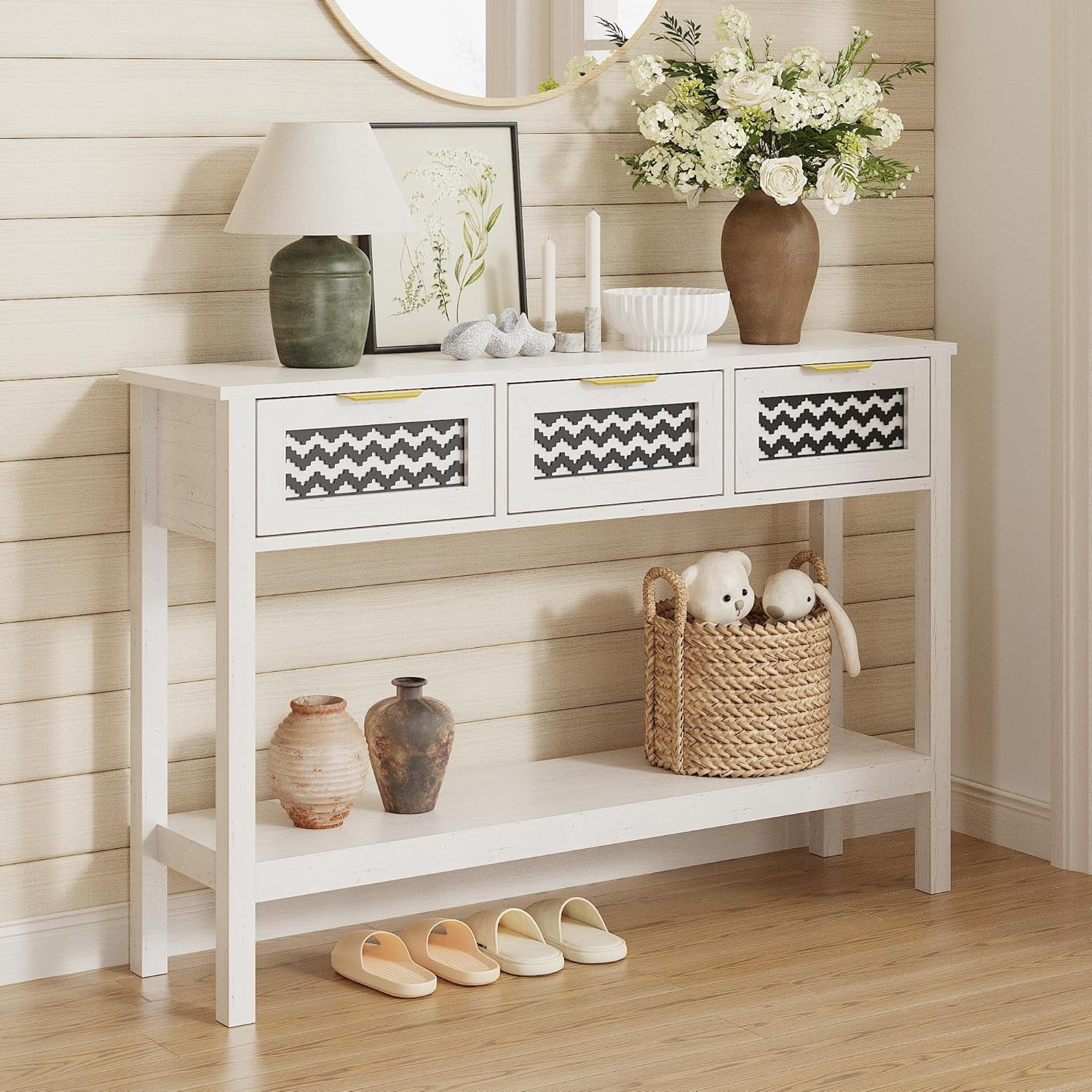 KIGOTY Fluted Console Table with Charging Station, Narrow Long Sofa ...