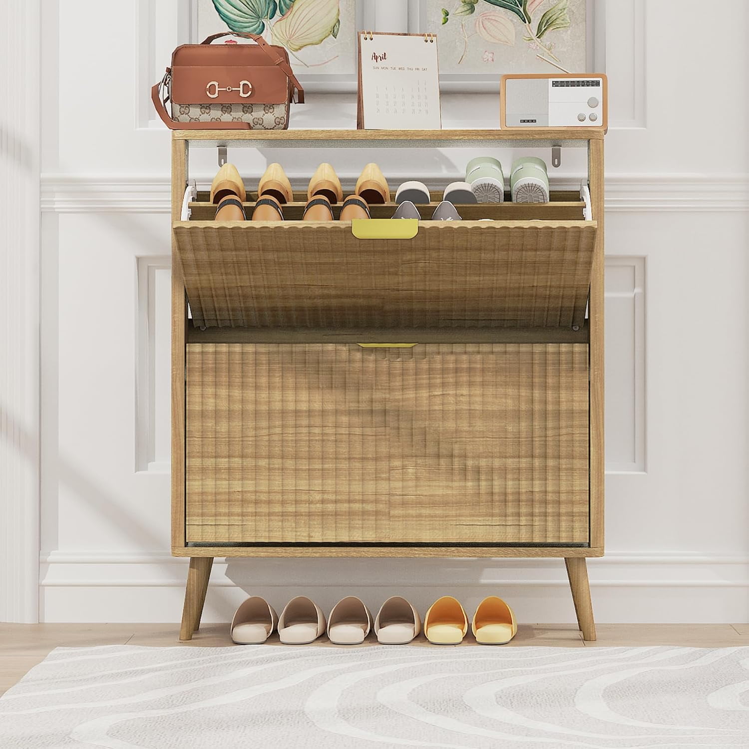 KIGOTY Narrow Shoe Storage Cabinet, Fluted Slim Shoe Cabinet with 2 ...