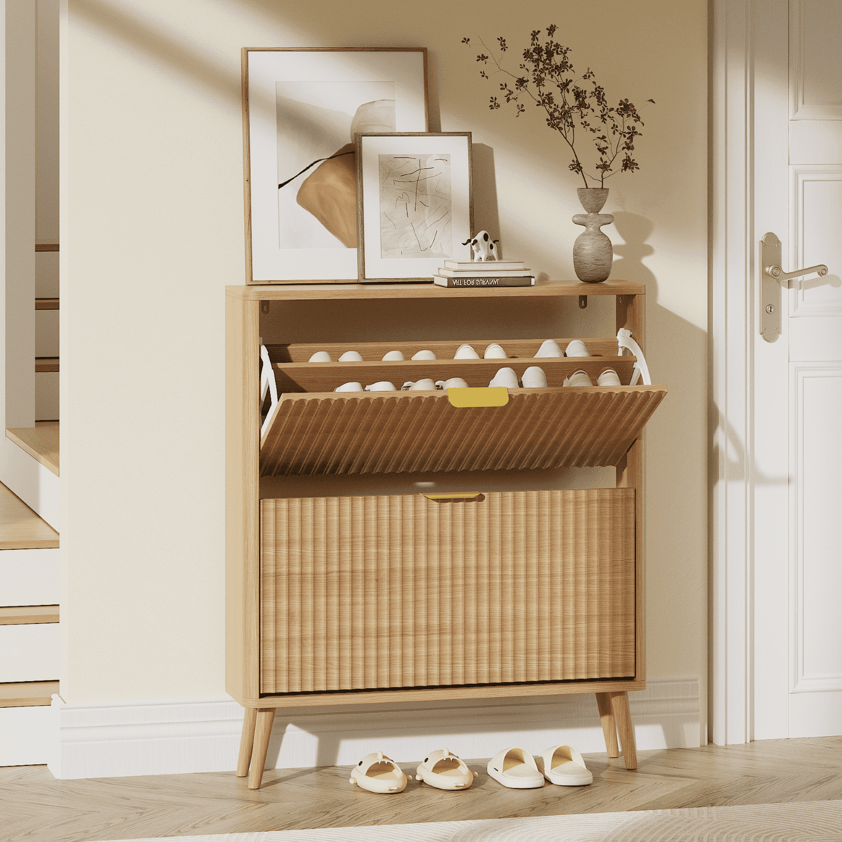 KIGOTY Narrow Shoe Storage Cabinet with 2 Flip Drawers,Fluted ...