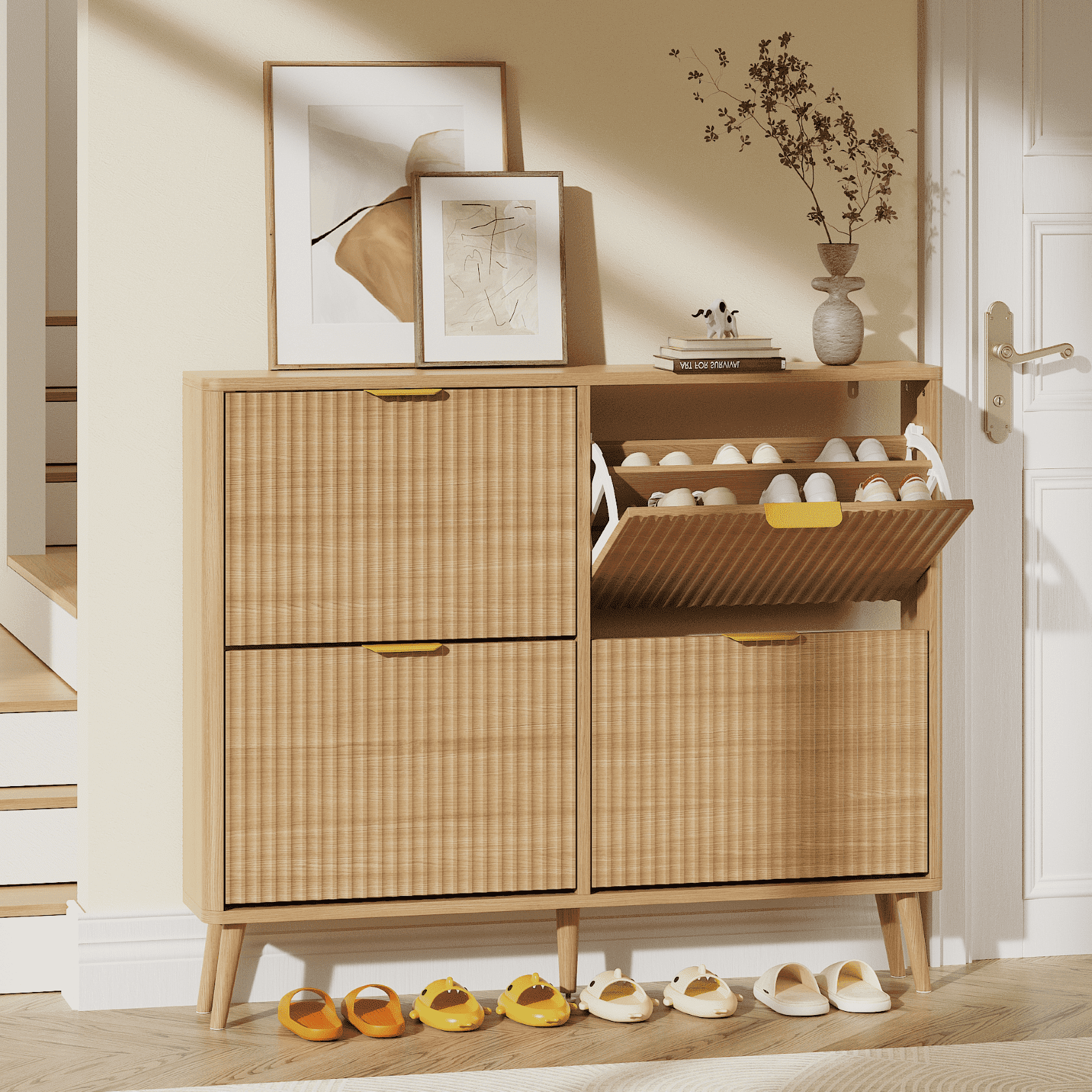 KIGOTY Narrow Shoe Storage Cabinet with 4 Flip Drawers,Fluted ...
