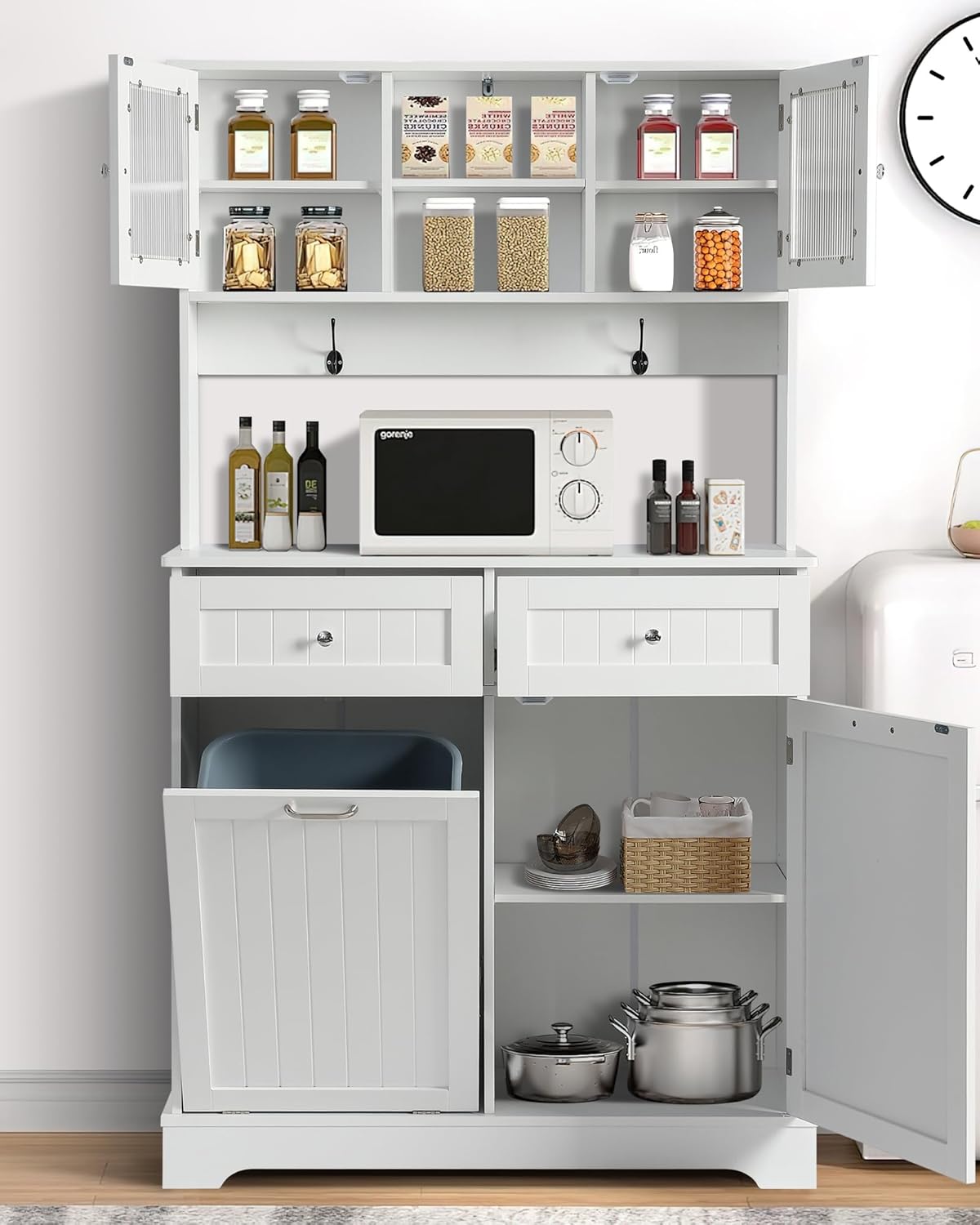 KIGOTY Pantry Storage Cabinet with Trash Cabinet & Microwave Stand ...