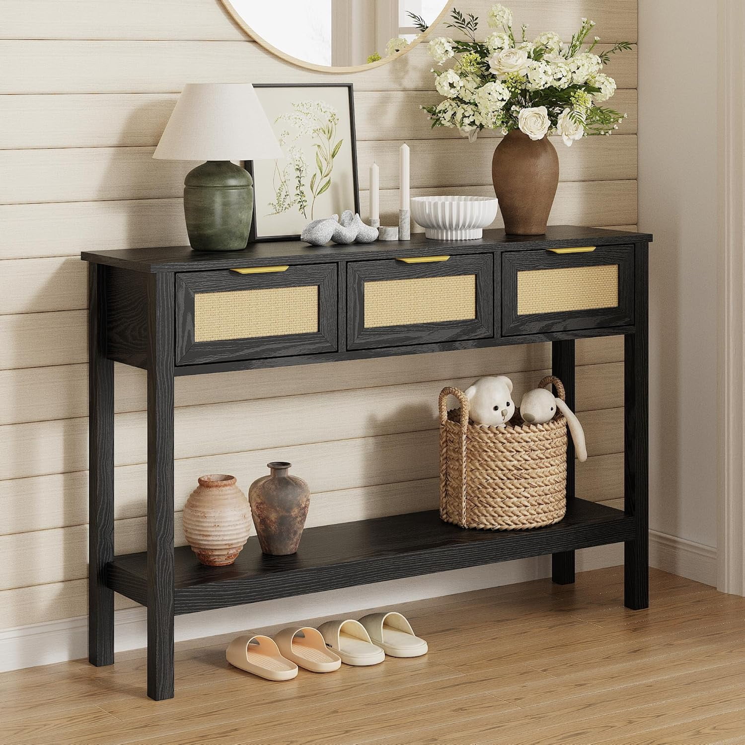 KIGOTY Rattan Console Table with Charging Station, Narrow Long Sofa ...