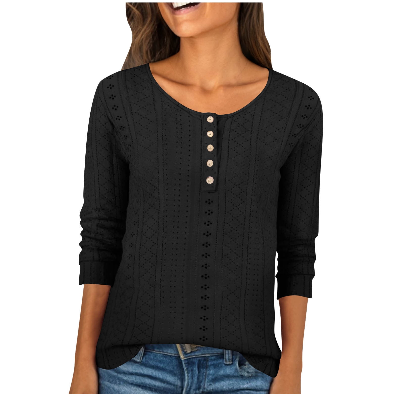 KIHOUT Breathable Eyelet Knit Top - Large Buttons Easy to Fasten ...