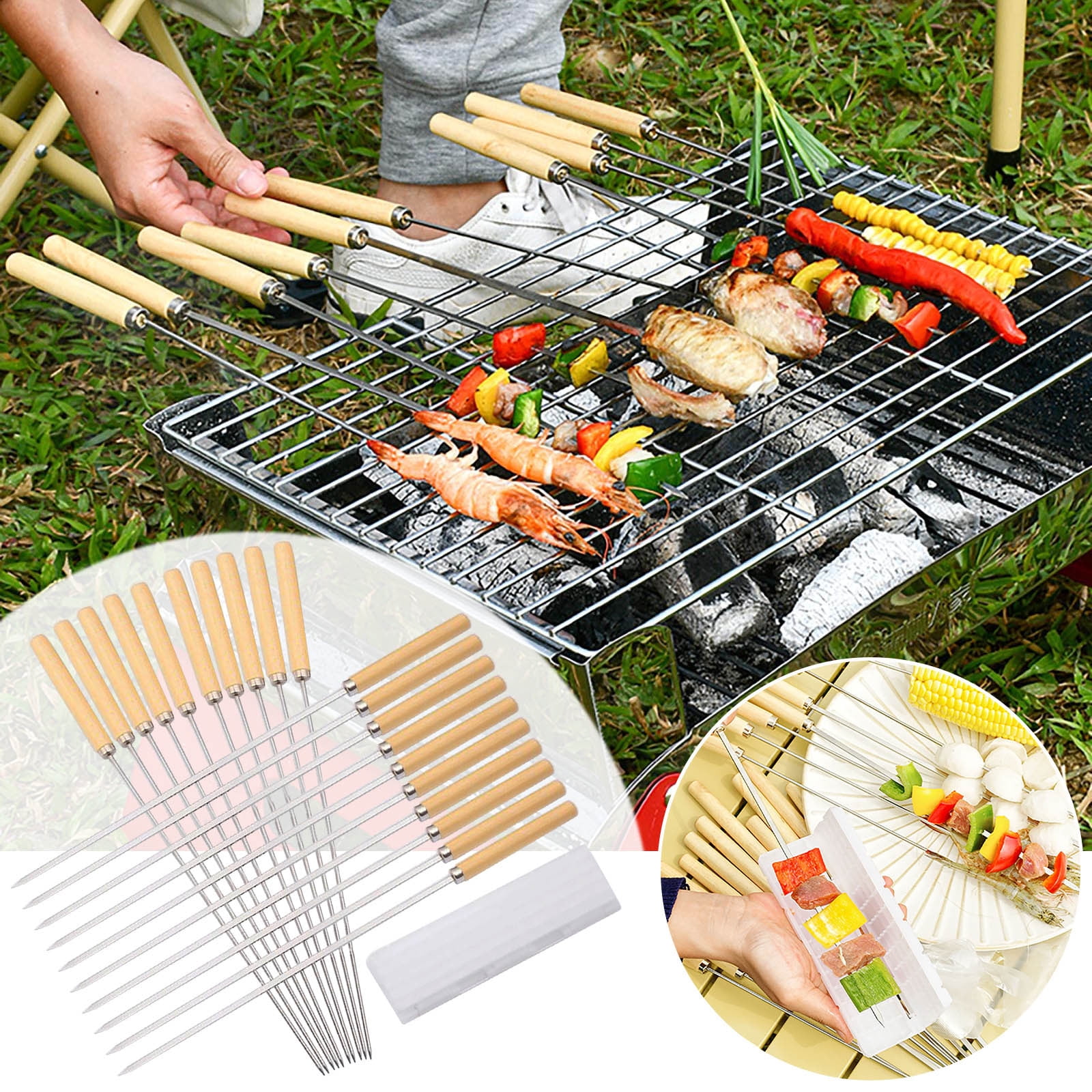 KIHOUT Deals BBQ Stainless Steel Barbecue Stick Set Flat Barbecue Lamb ...