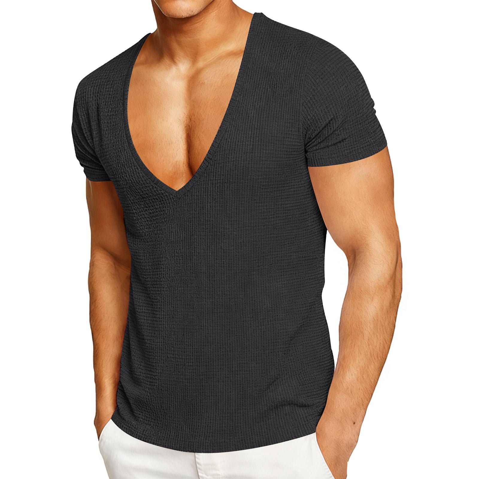 KIHOUT Men's Casual Short Sleeve V-Neck Waffle Texture Solid Color Knit ...