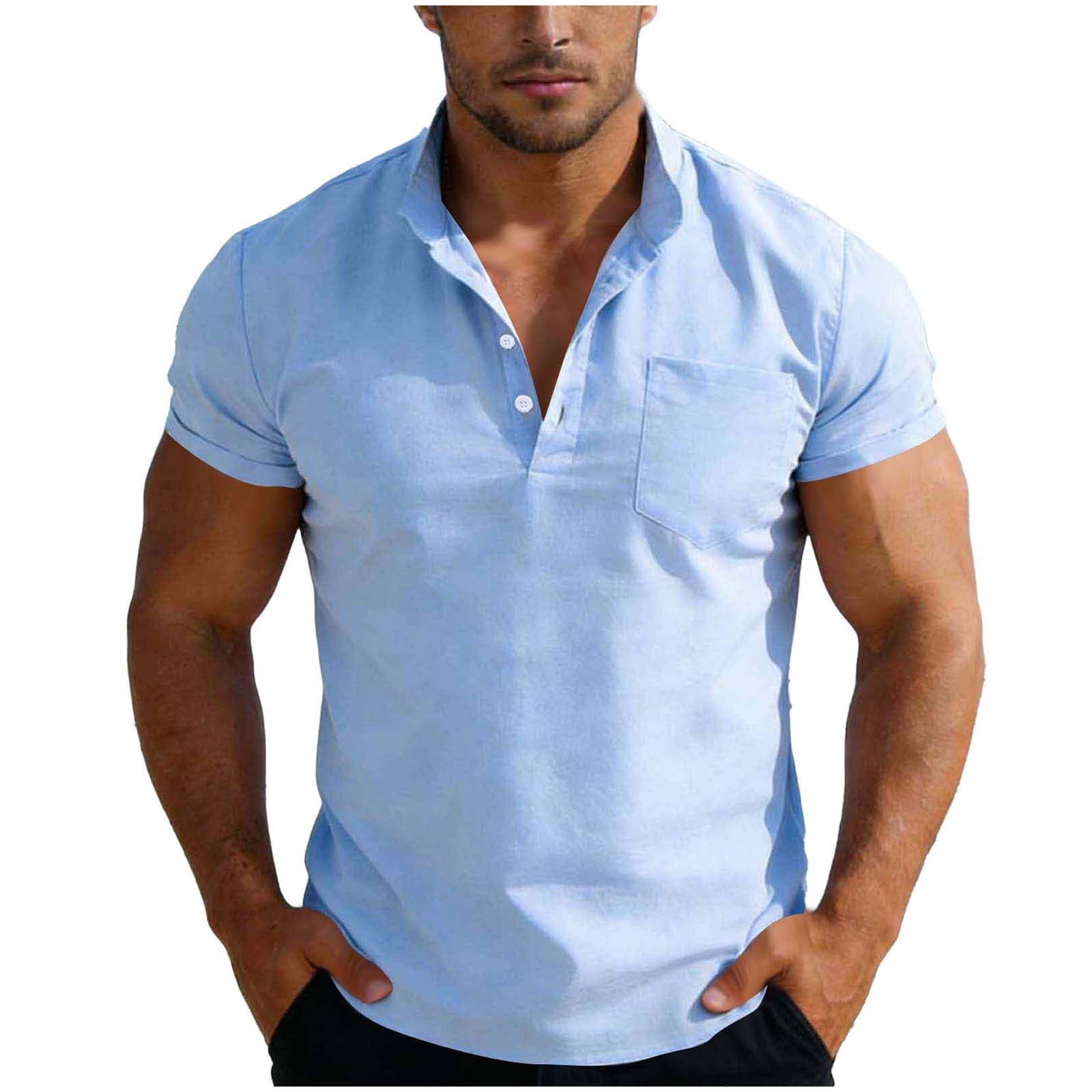 KIHOUT Men's Casual Solid Color Linen-Feel Half Button Open-Close ...