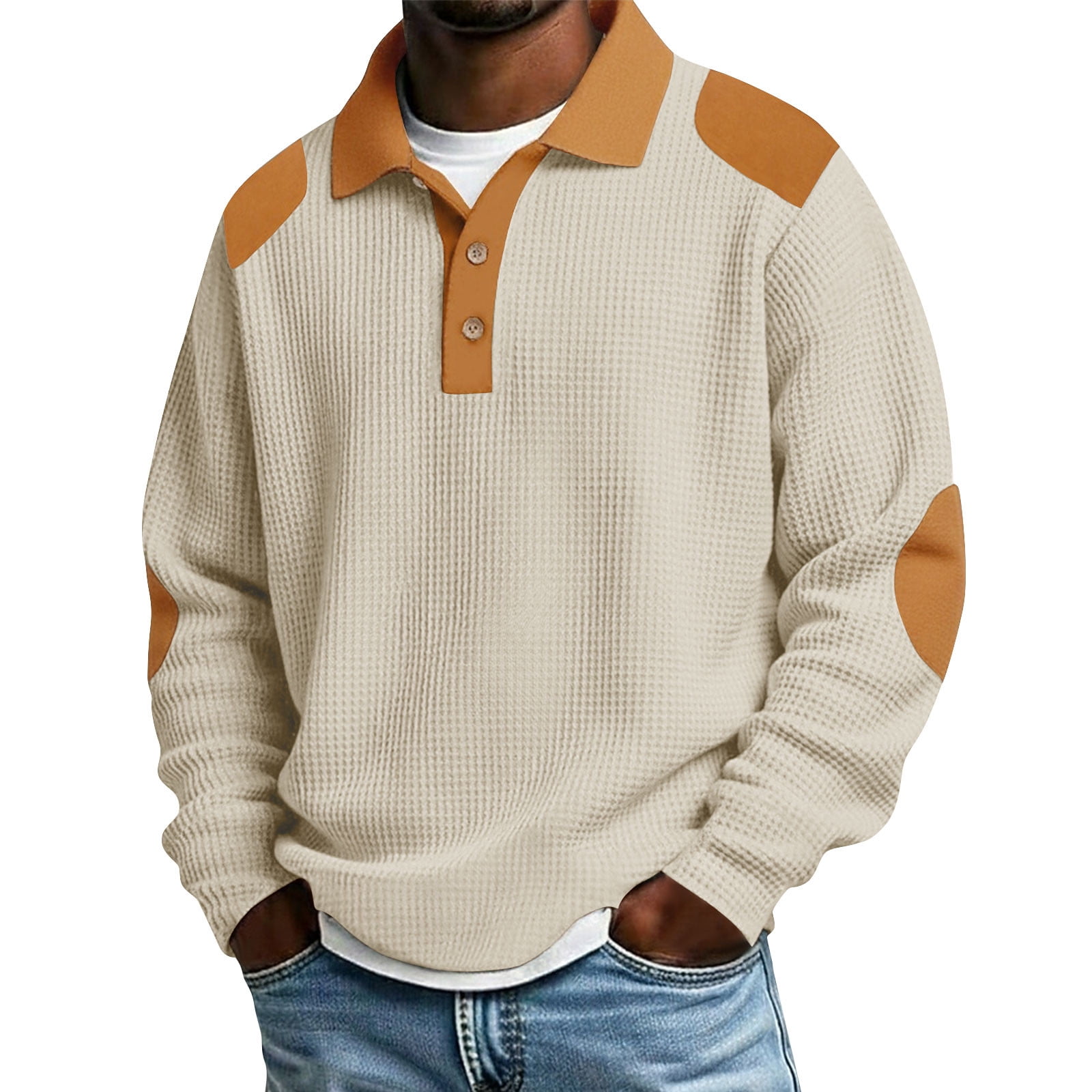 KIHOUT Men's Casual Waffle Texture Long Sleeve Turndown Collar Contrast ...