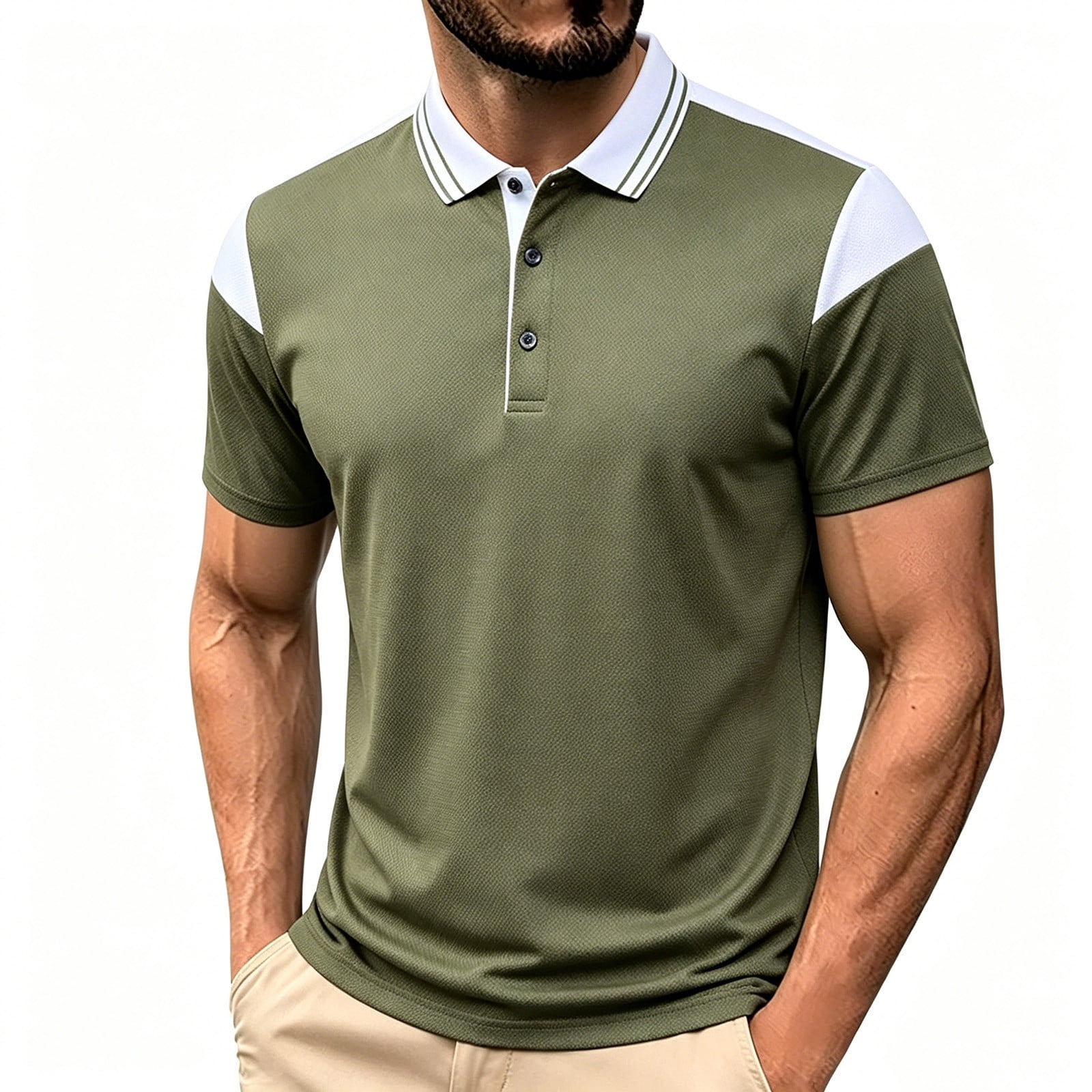 KIHOUT Men's Color Block Contrast Collar Polo Shirt, Short Sleeve ...
