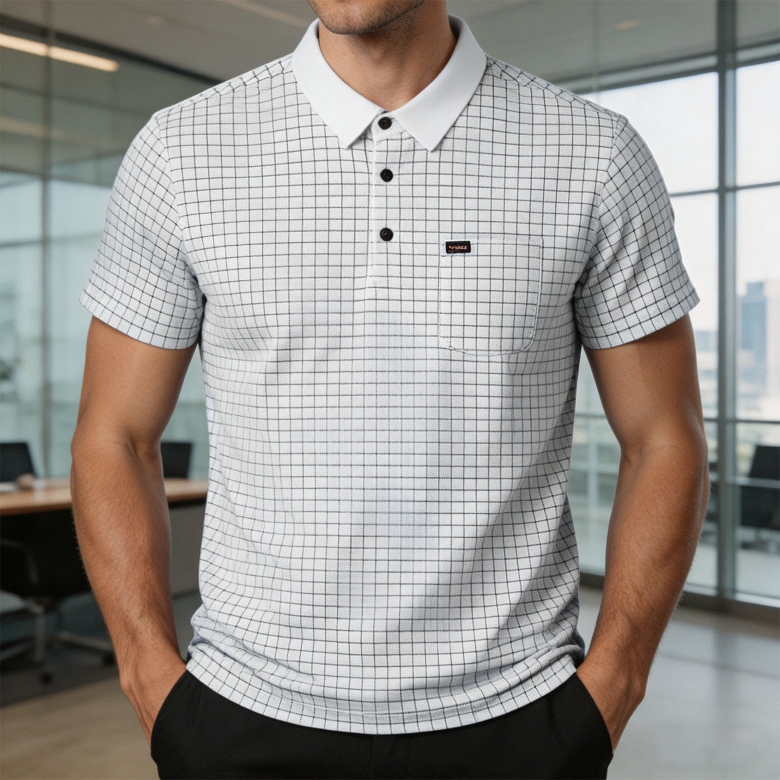 KIHOUT Men's Small Grid Check Print Short Sleeve Polo Shirt, Classic ...