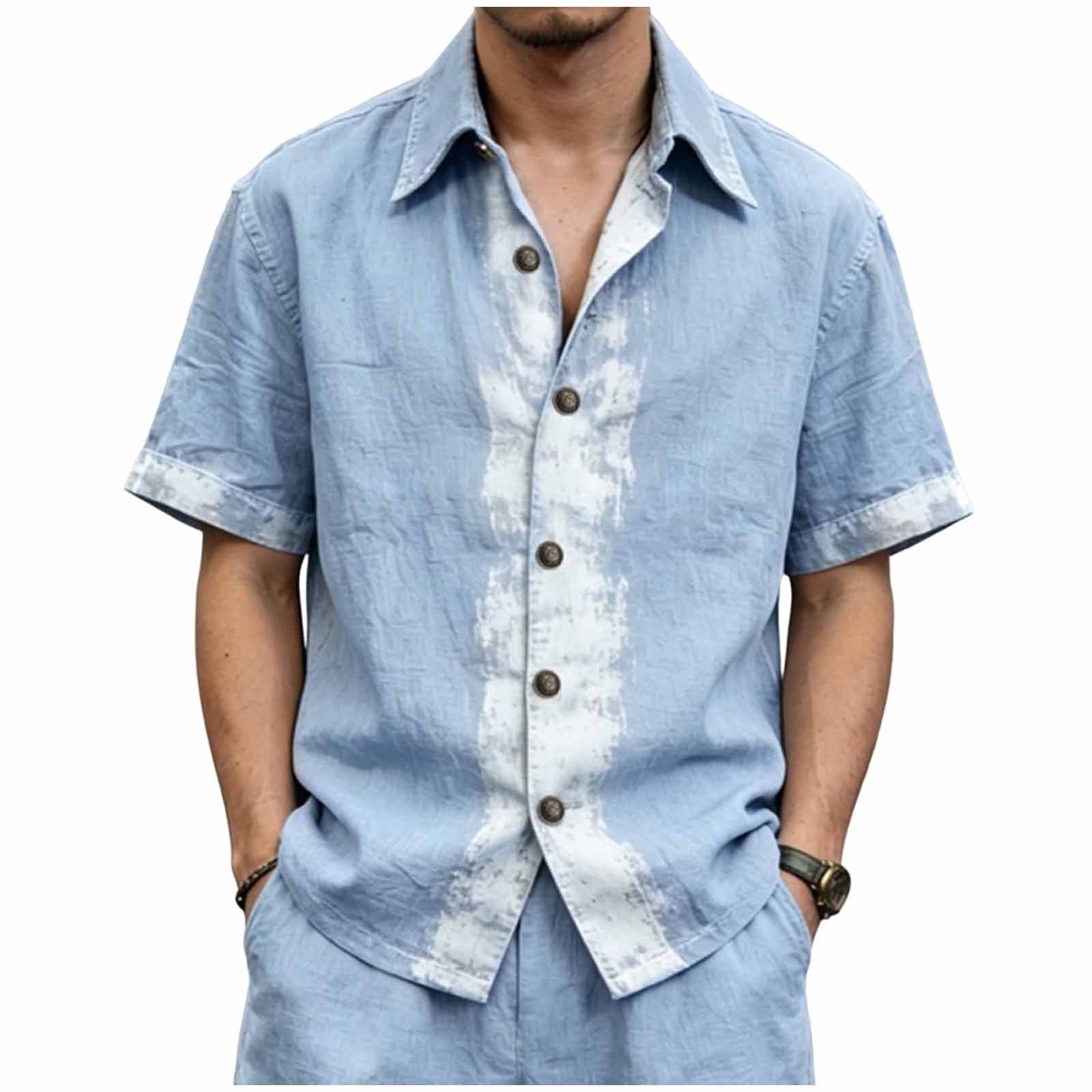KIHOUT Men's Tie-Dye Print Linen Blend Button-Down Shirt, Short Sleeve ...