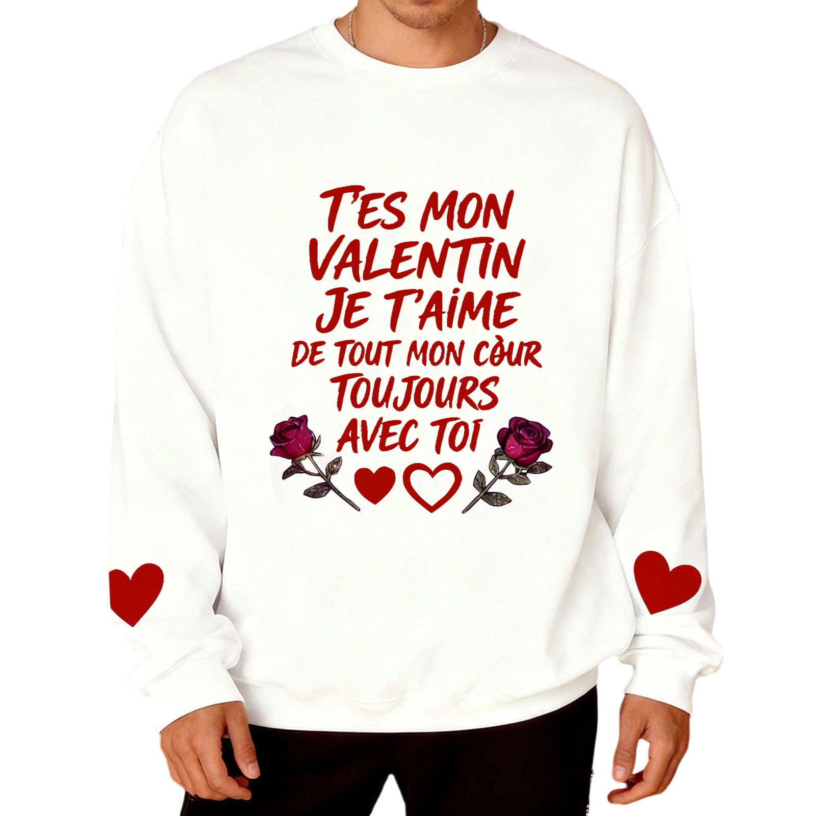 KIHOUT Men's Valentine's French Phrase & Heart Rose Print Crew Neck ...