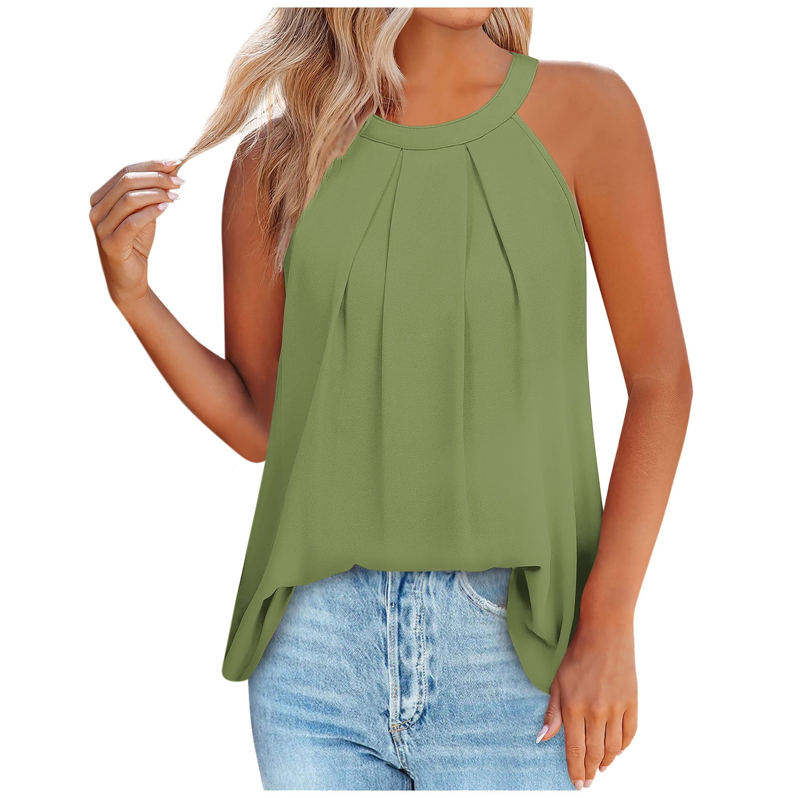 KIHOUT Tank Top for Women Loose Fit High Neck Sleeveless Solid Color ...