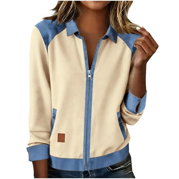 KIHOUT Women's Casual Lapel Denim Patchwork Full-Zip Long Sleeve ...