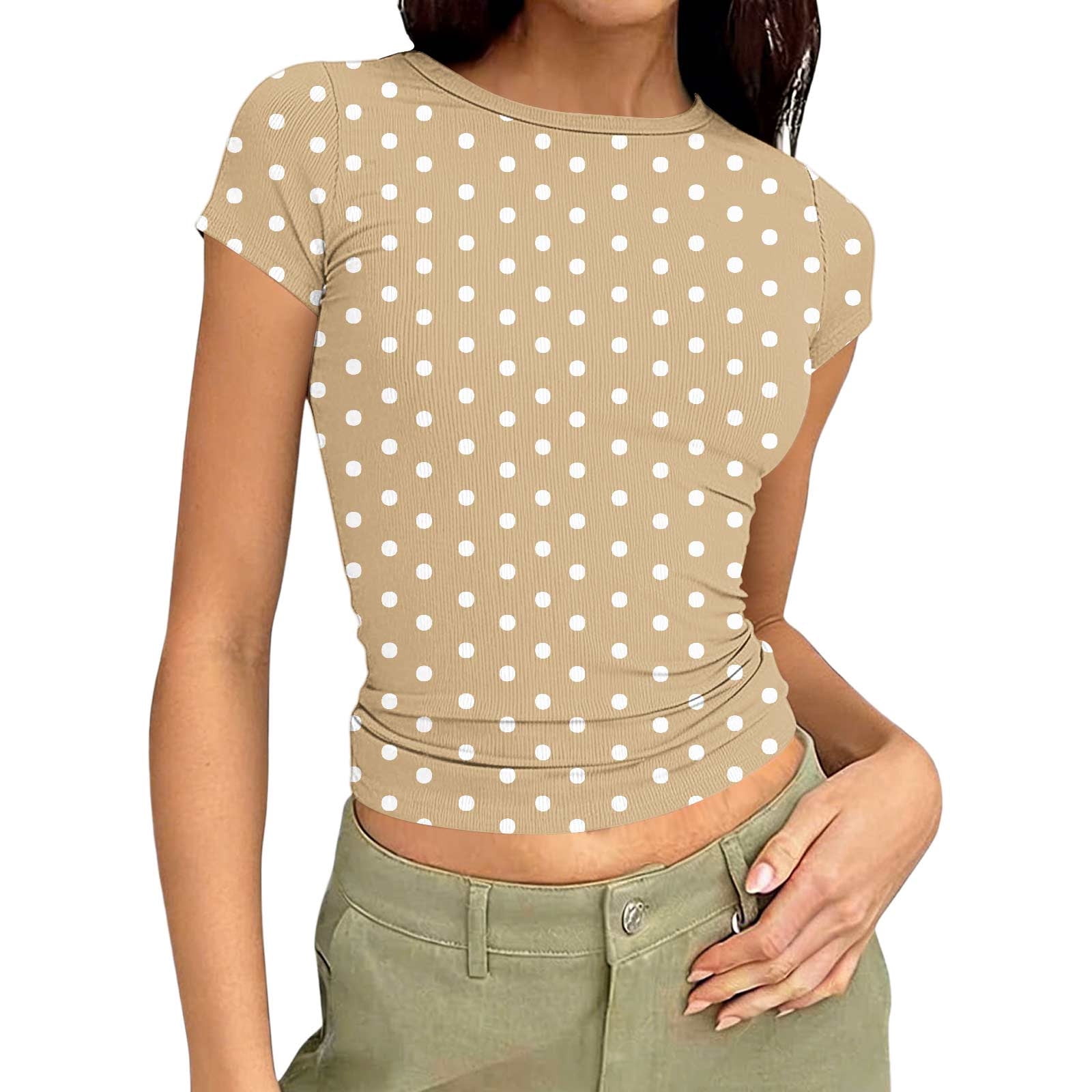 KIHOUT Women's Casual Polka Dot Print Round Neck Short Sleeve Slim ...