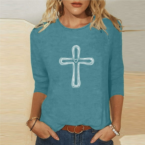 KIHOUT Women's Easter Cross Heart Print 3/4 Sleeve Round Neck Loose T ...