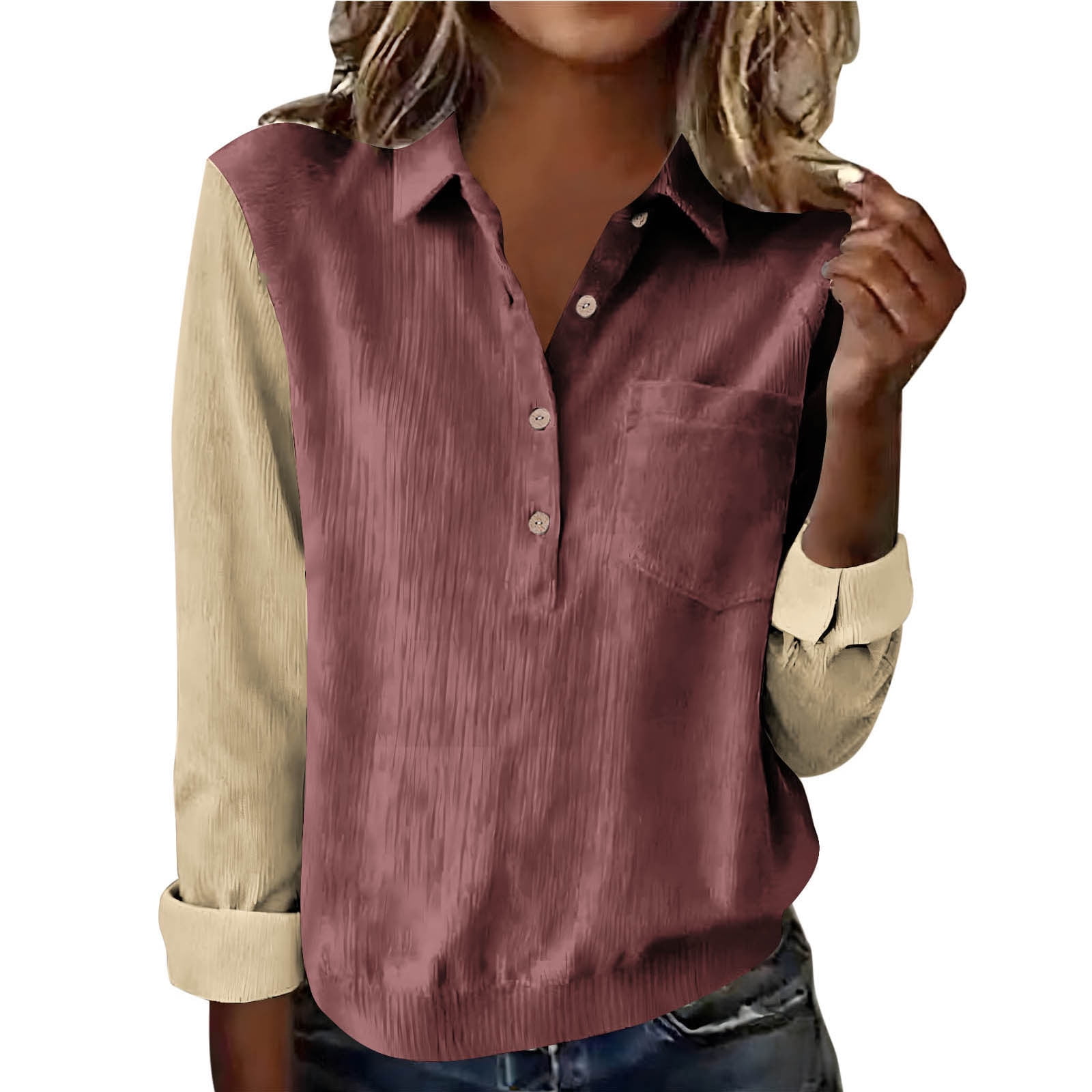 KIHOUT Women's Fashion Color Block Corduroy Long Sleeve Lapel Pocket ...
