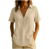 KIHOUT Women's Linen-Like Solid Color Lapel Button V-Neck Short Sleeve ...
