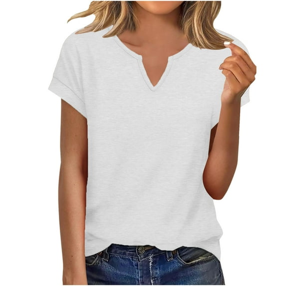 KIHOUT Women's Notched V-Neck Short Sleeve T-Shirt - Spring Summer ...