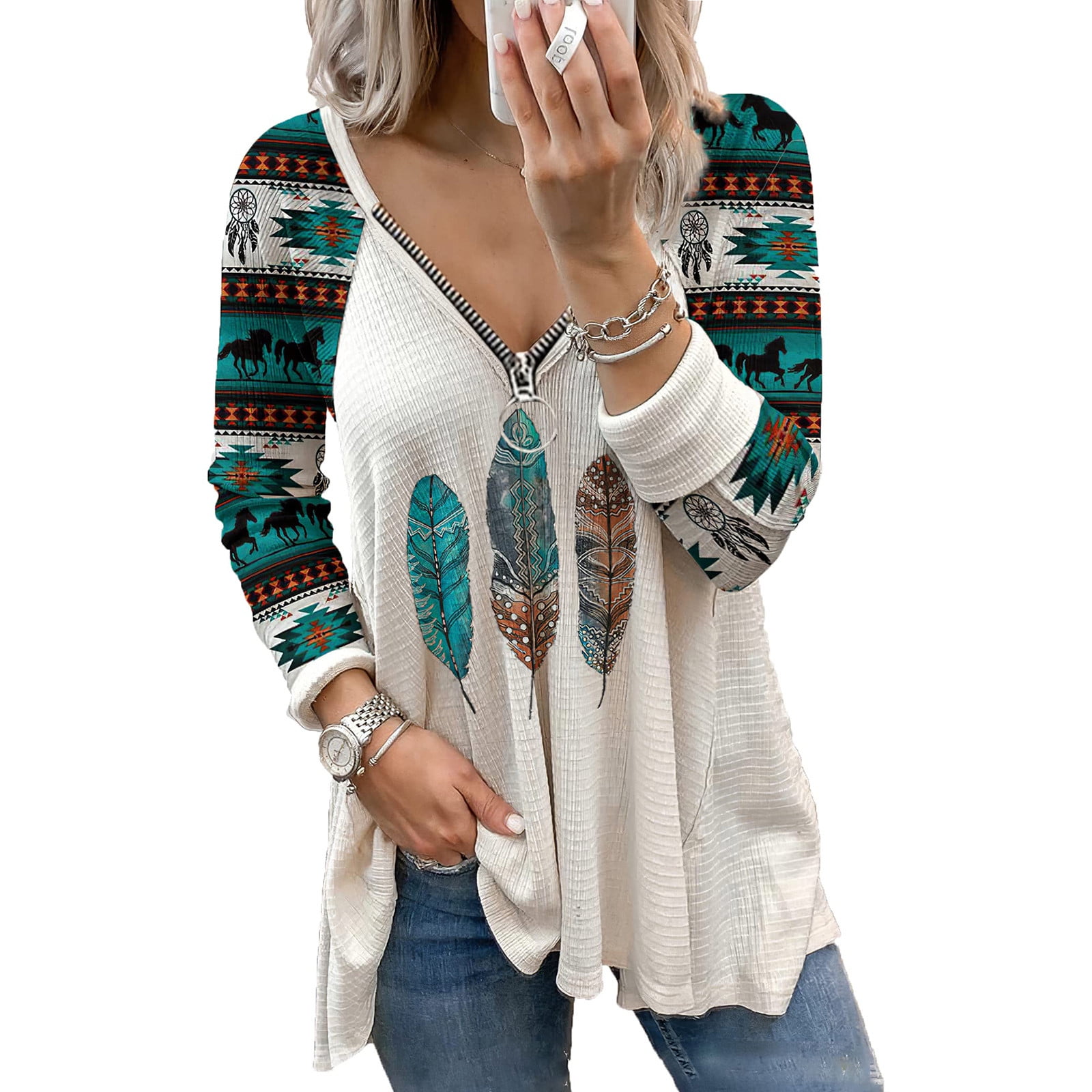 KIHOUT Women's Plus Size Blouses Deals Women Casual Retro Western Aztec Print Long Sleeve Ethnic ...