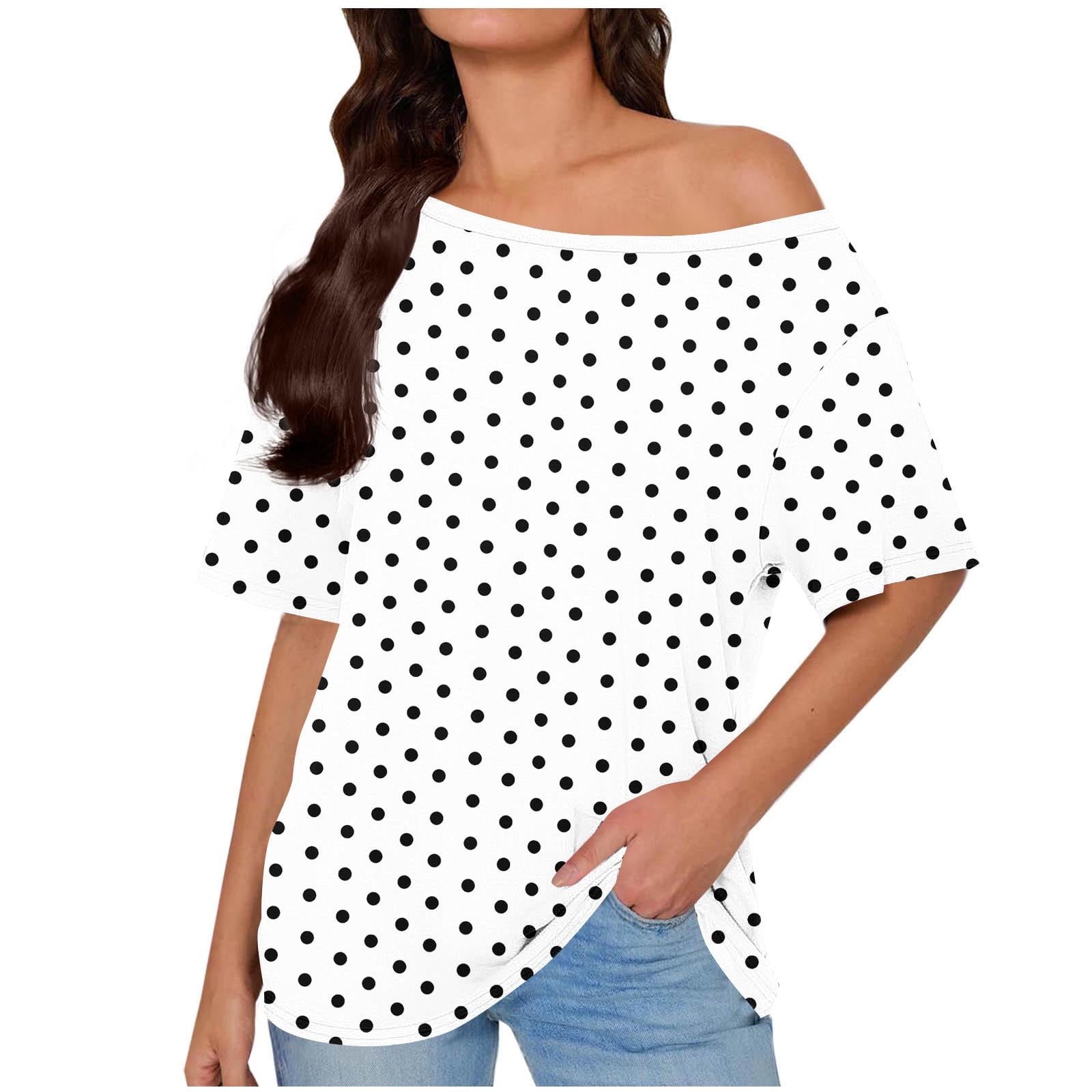 KIHOUT Women's Polka Dot Slanted Neck Off Shoulder Loose Short Sleeve ...