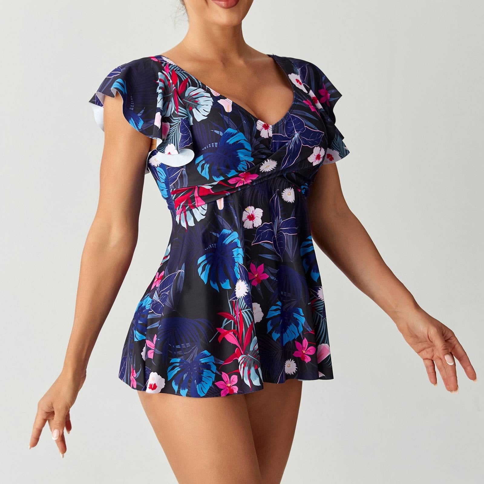 KIHOUT Women's Split Bikini Swimsuit Floral Print Peplum Ruffle Top ...