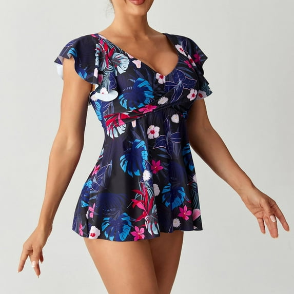 KIHOUT Women's Split Bikini Swimsuit Floral Print Peplum Ruffle Top ...