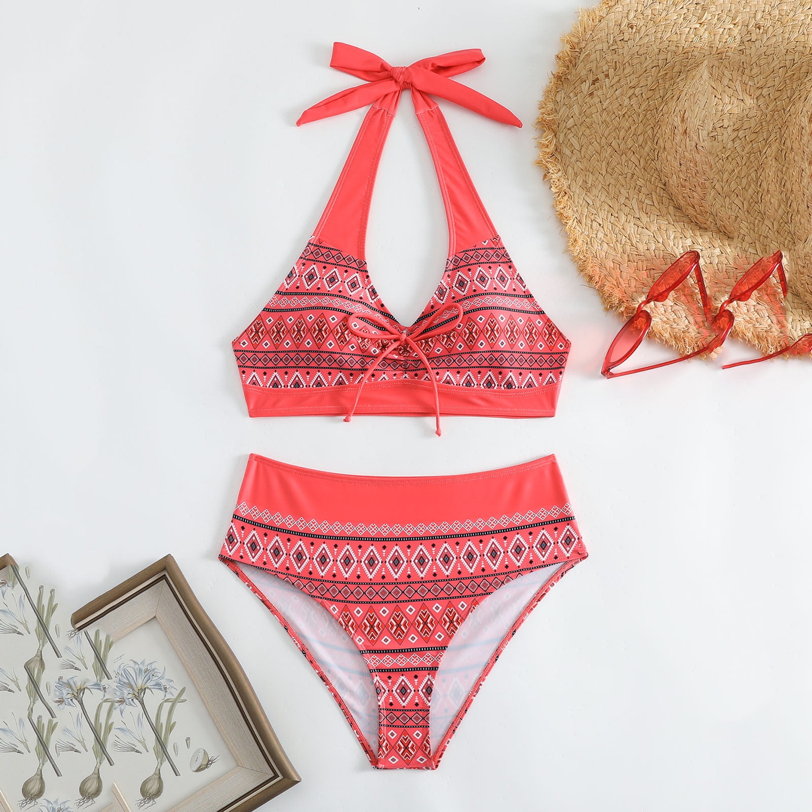 Kihout Womens Swimwear Plus Size Women Conservative Print Strappy Back